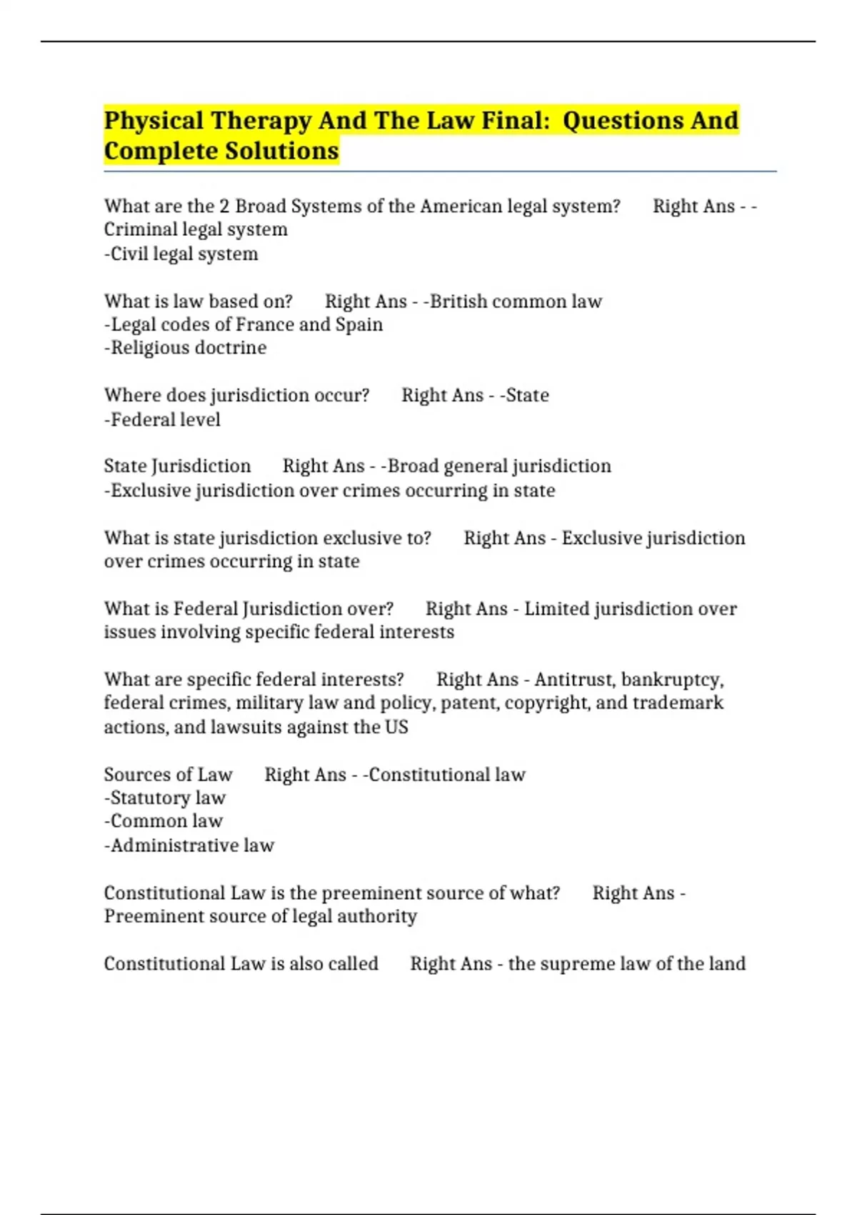 Physical Therapy And The Law Final: Questions And Complete Solutions ...