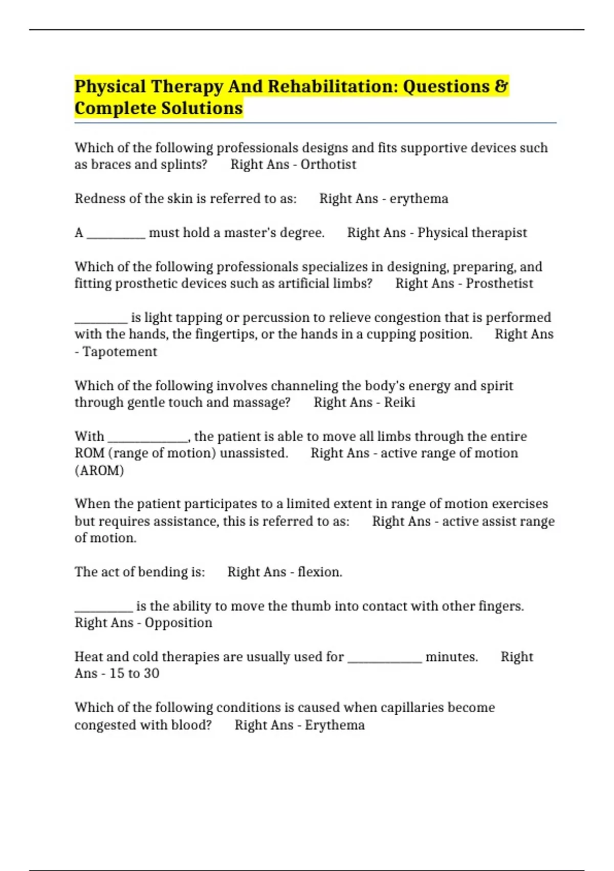 Physical Therapy And Rehabilitation: Questions & Complete Solutions ...