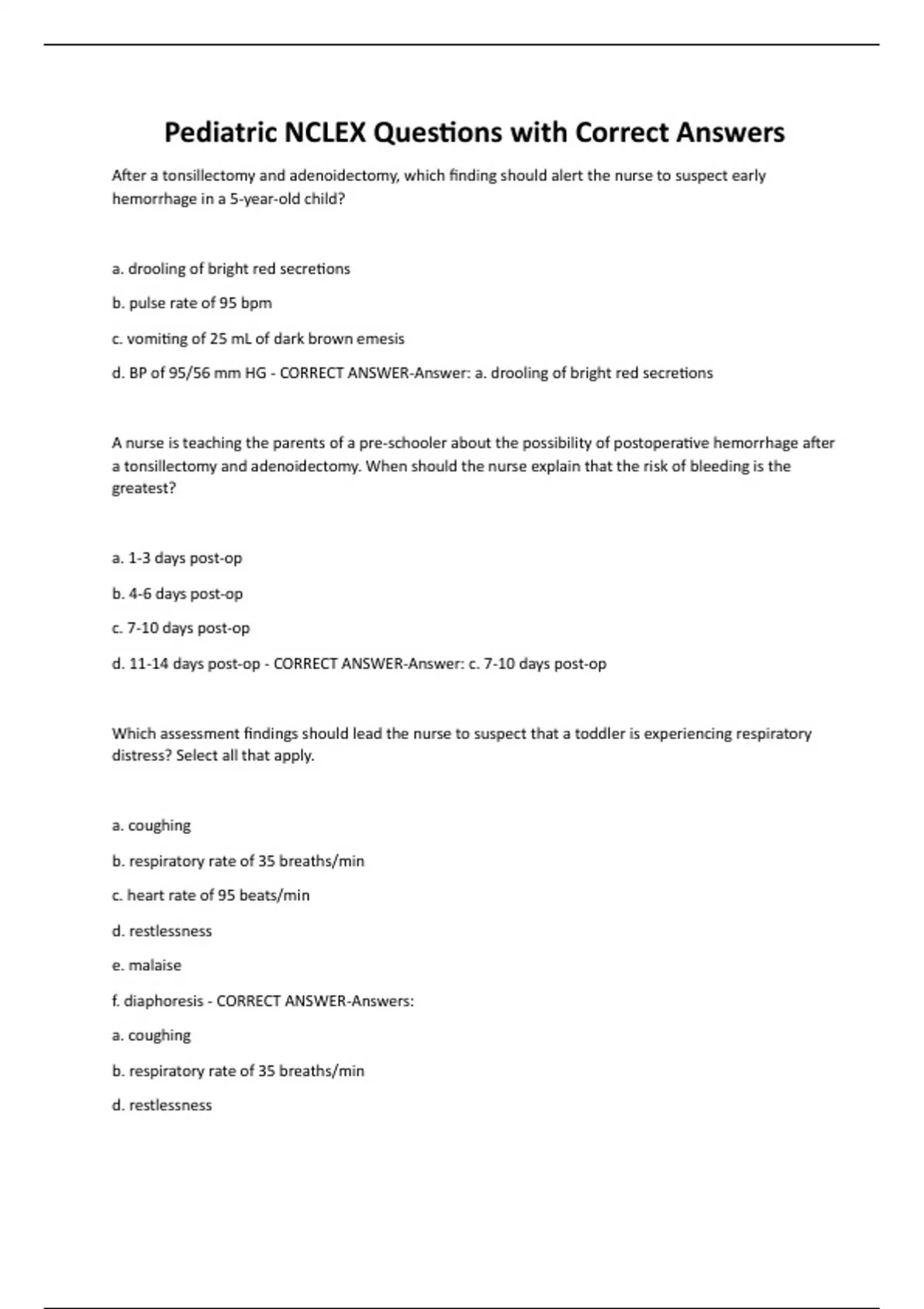 Pediatric NCLEX Questions with Correct Answers - Nursing pharmacology ...