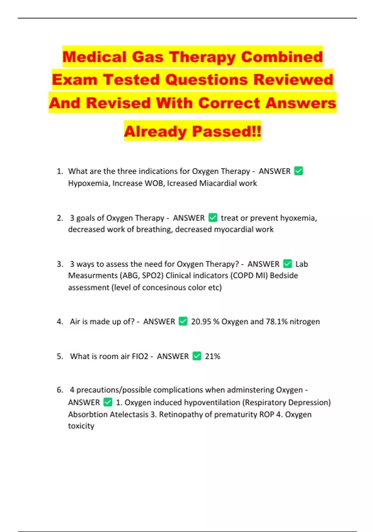 Medical Gas Therapy Combined Exam Tested Questions Reviewed And Revised ...