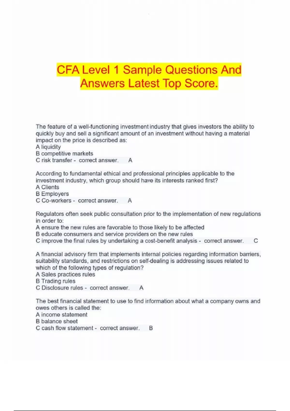 CFA Level 1 Sample Questions And Answers Latest Top Score. - CFA Level ...