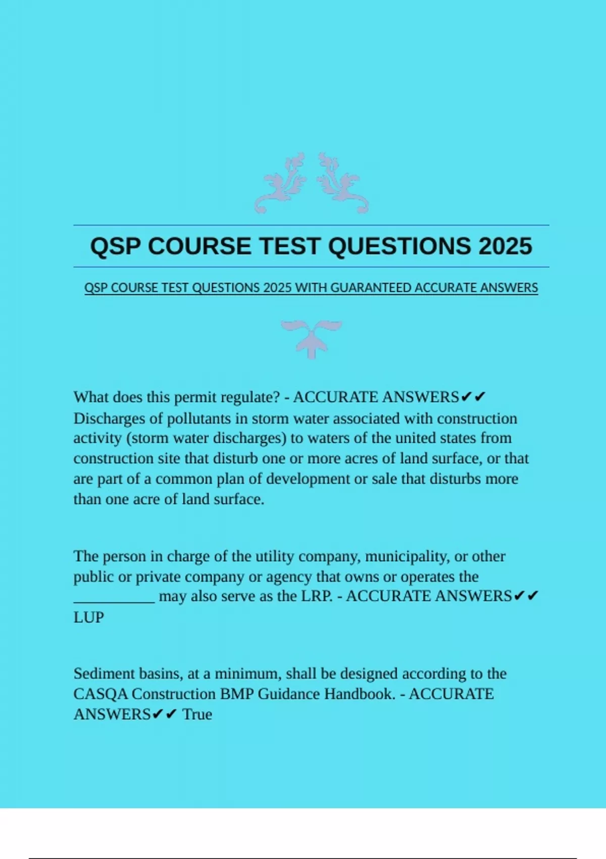 QSP COURSE TEST QUESTIONS 2025 WITH GUARANTEED ACCURATE ANSWERS - QSP ...