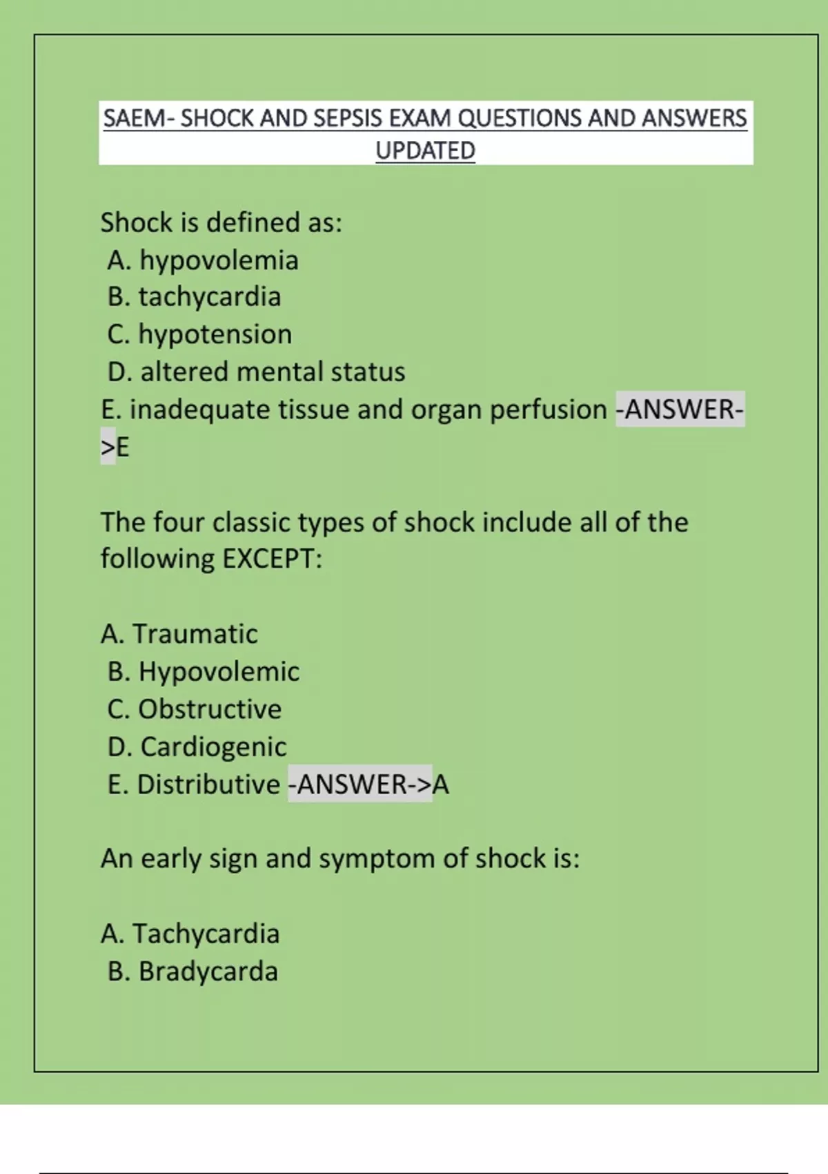 SAEM - SHOCK AND SEPSIS EXAM QUESTIONS AND ANSWERS UPDATED - Nursing ...