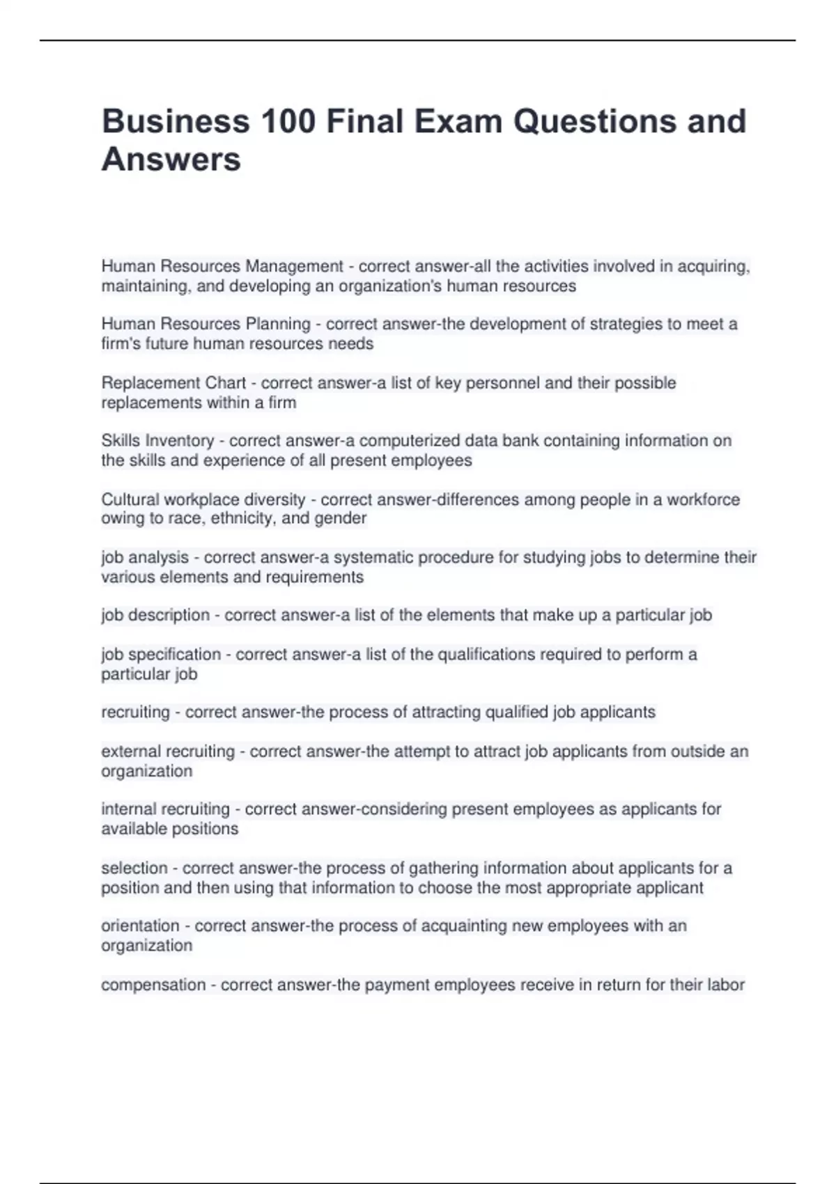 Business 100 Final Exam Questions and Answers - BUSN - Stuvia US