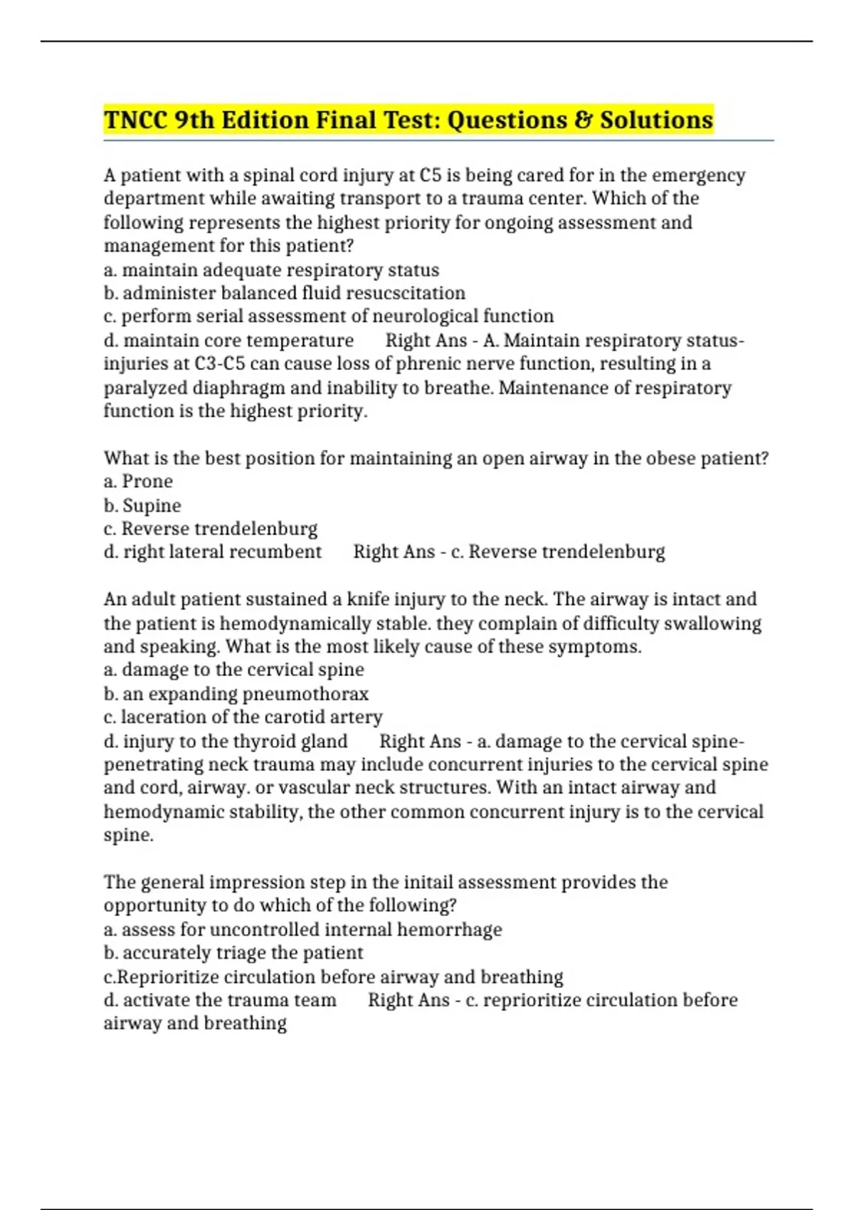 TNCC 9th Edition Final Test: Questions & Solutions - TNCC - Stuvia US