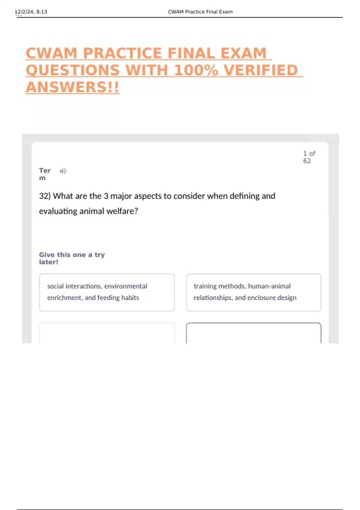 CWAM PRACTICE FINAL EXAM QUESTIONS WITH 100% VERIFIED ANSWERS!! - CWAM ...