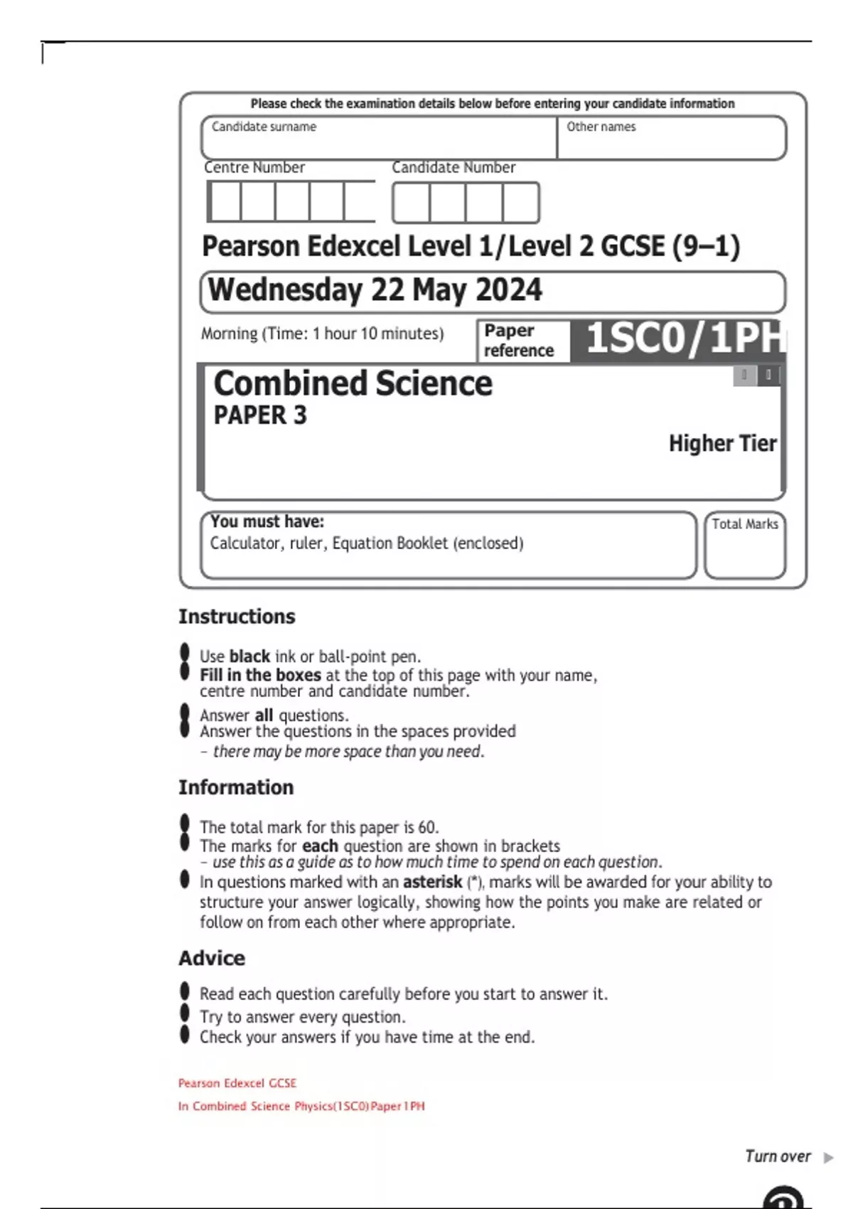 2024 Pearson Edexcel GCSE In Combined Science Physics (1SC0) Paper 1PH ...