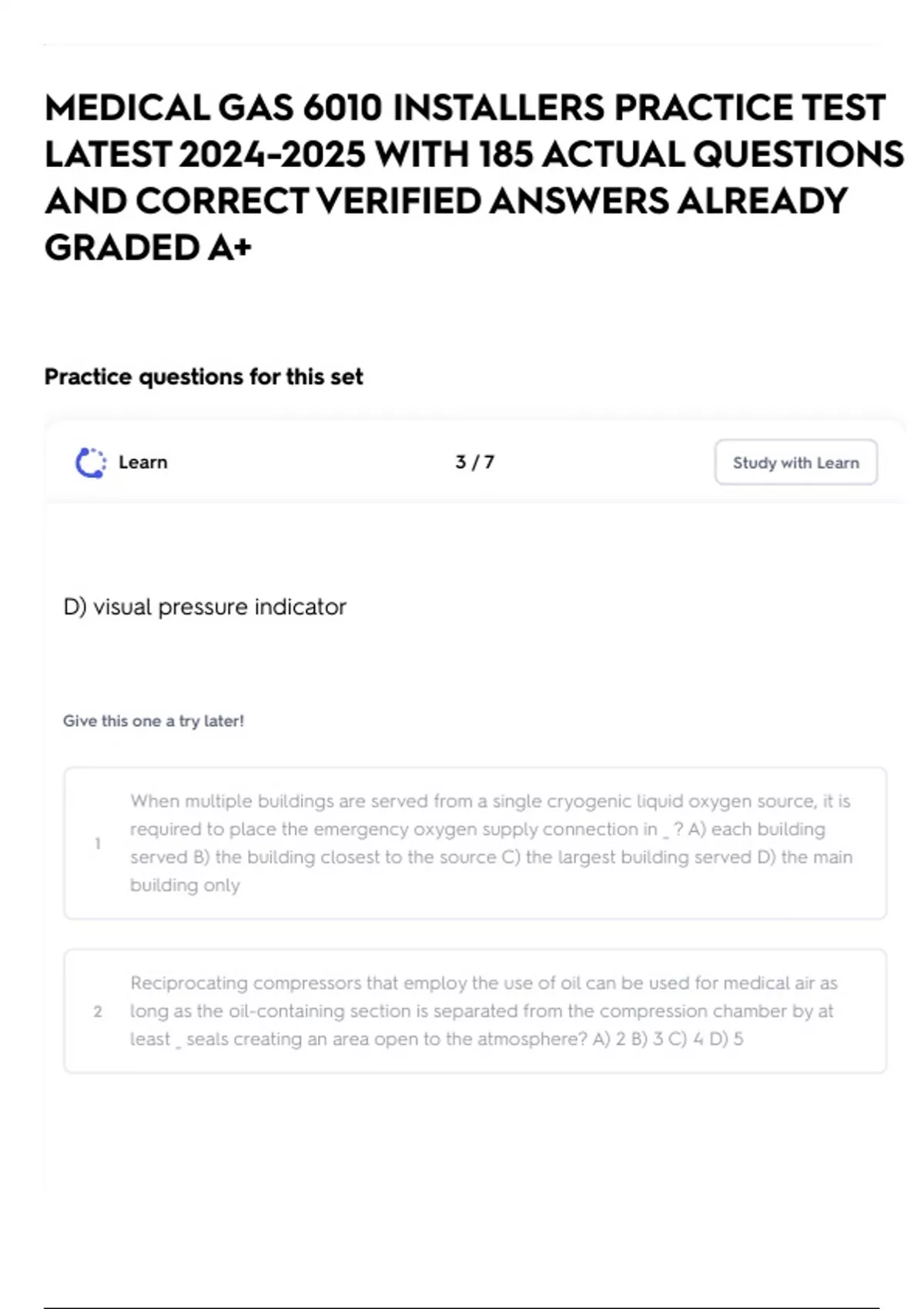 MEDICAL GAS 6010 INSTALLERS PRACTICE TEST LATEST WITH 185 ACTUAL ...