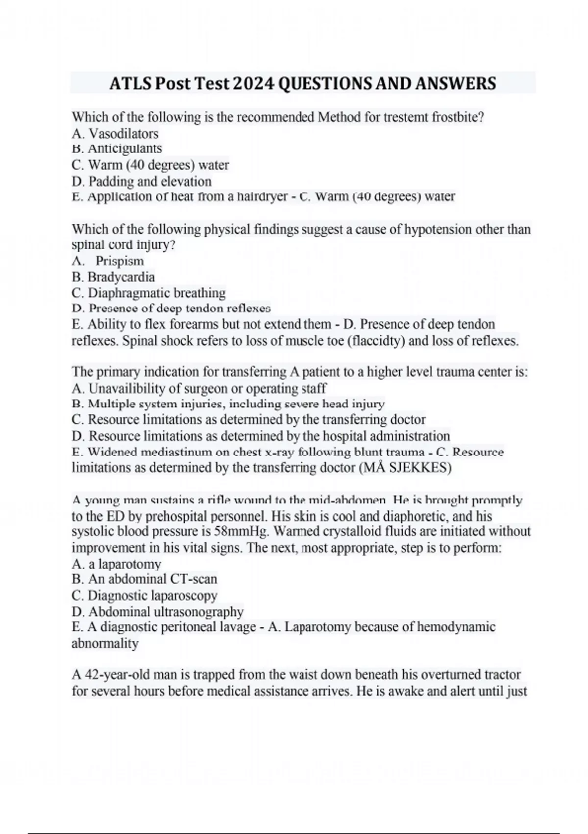 ATLS Post Test 2024 QUESTIONS AND ANSWERS - NR 293 - Stuvia US