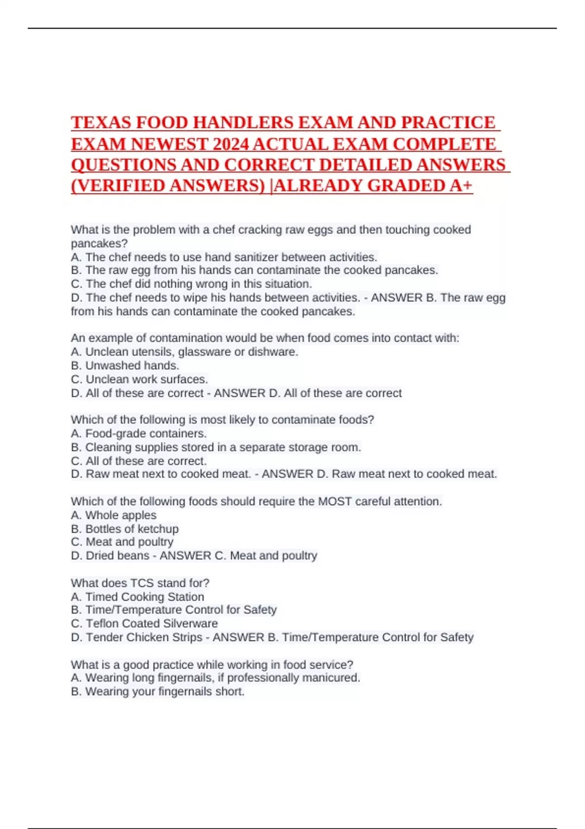 TEXAS FOOD HANDLERS EXAM AND PRACTICE EXAM NEWEST 2024 ACTUAL EXAM ...