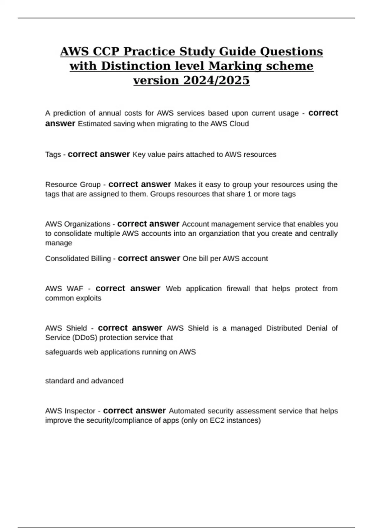 AWS CCP Practice Study Guide Questions with Distinction level Marking scheme version 2024/2025 ...