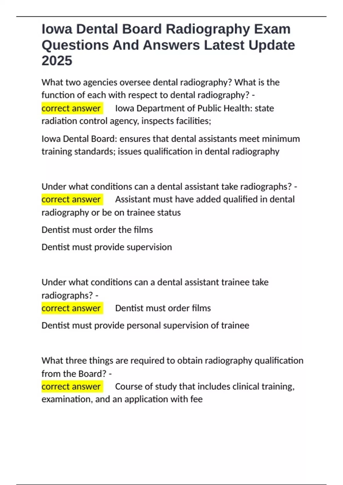 Iowa Dental Board Radiography Exam Questions And Answers Latest Update ...