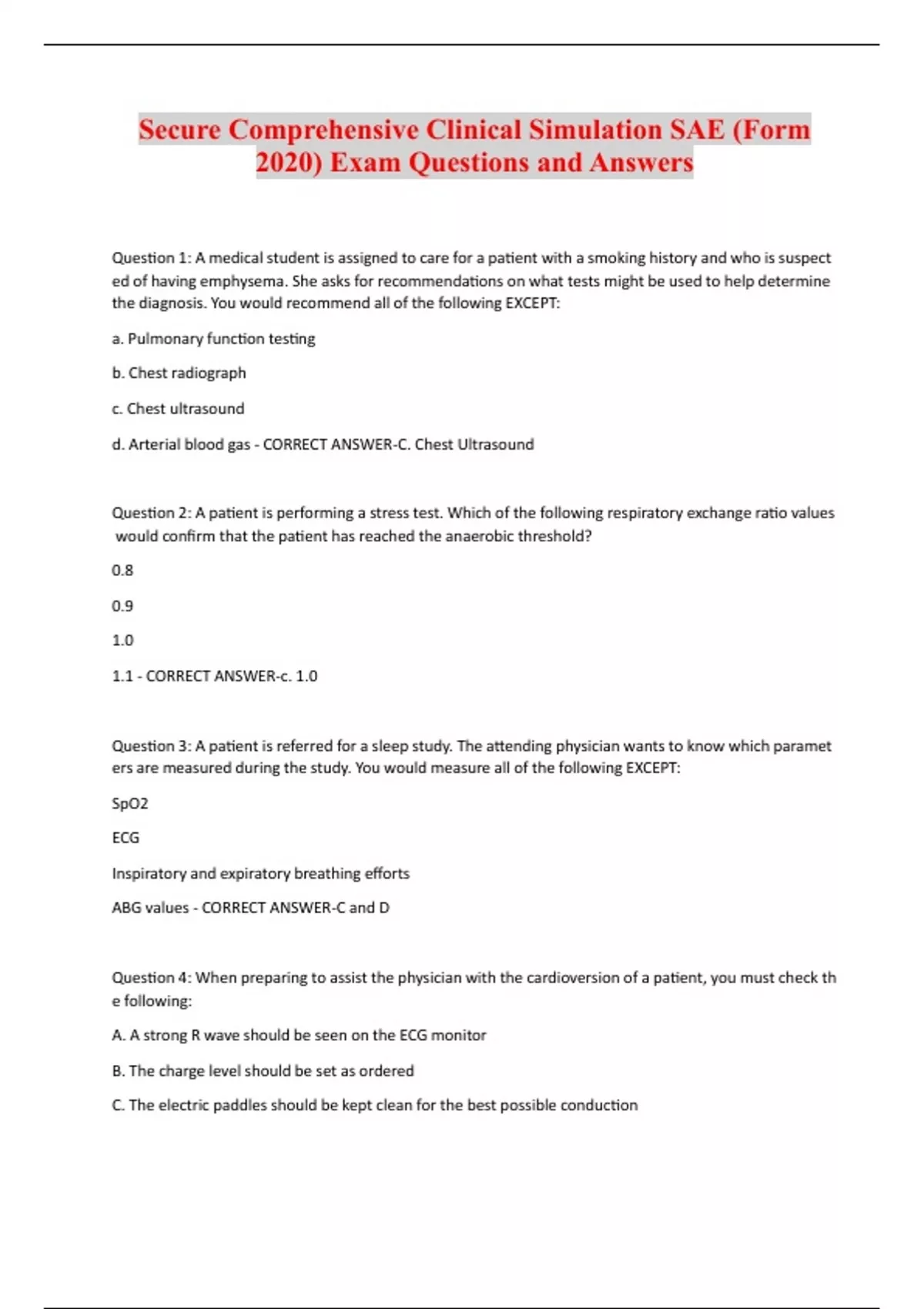 Secure Comprehensive Clinical Simulation SAE (Form 2020) Exam Questions and Answers - Secure ...