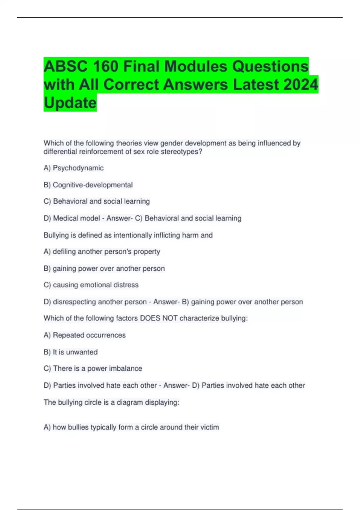 ABSC 160 Final Modules Questions with All Correct Answers Latest 2024 ...
