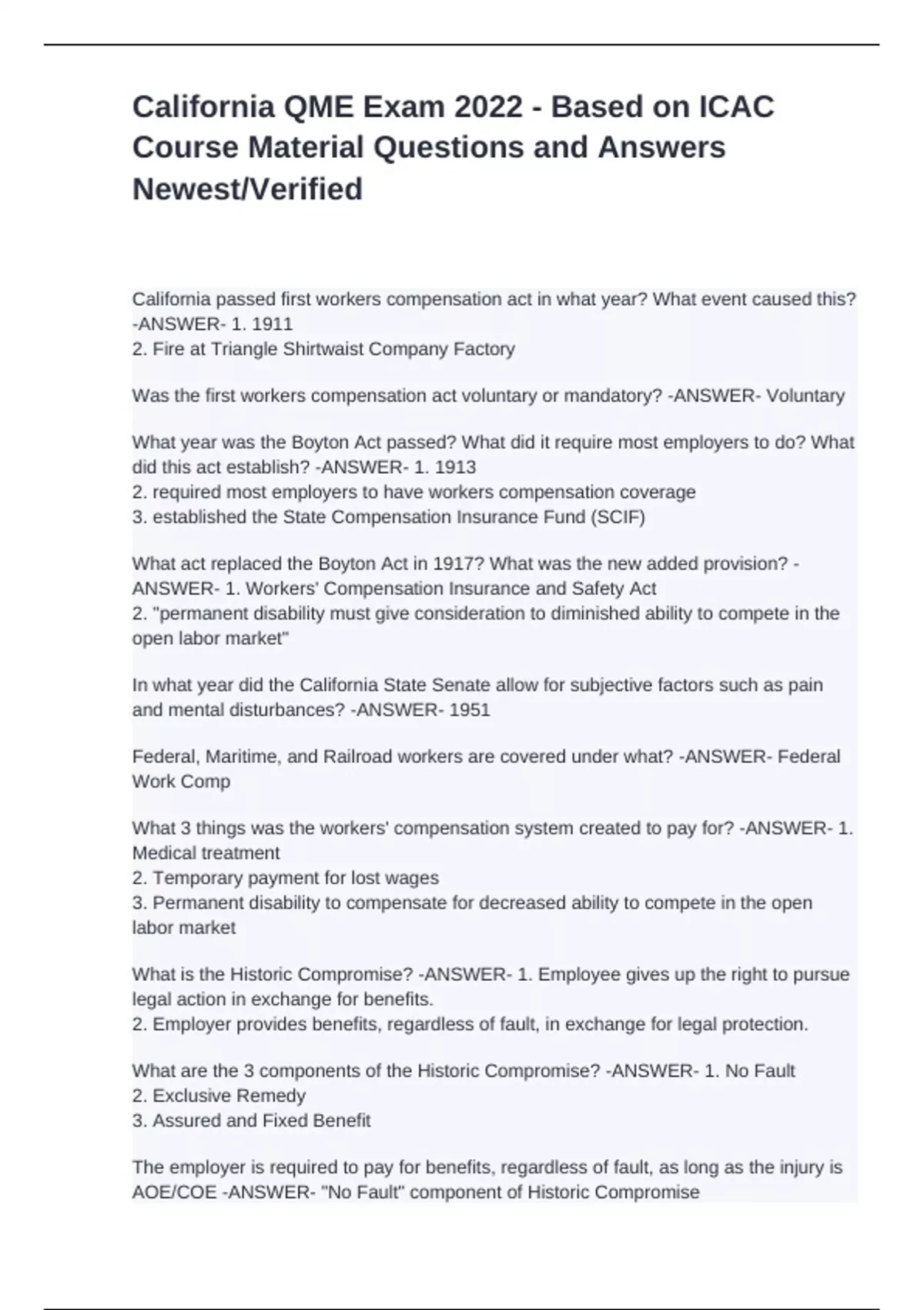 California QME Exam 2022 - Based on ICAC Course Material Questions and ...