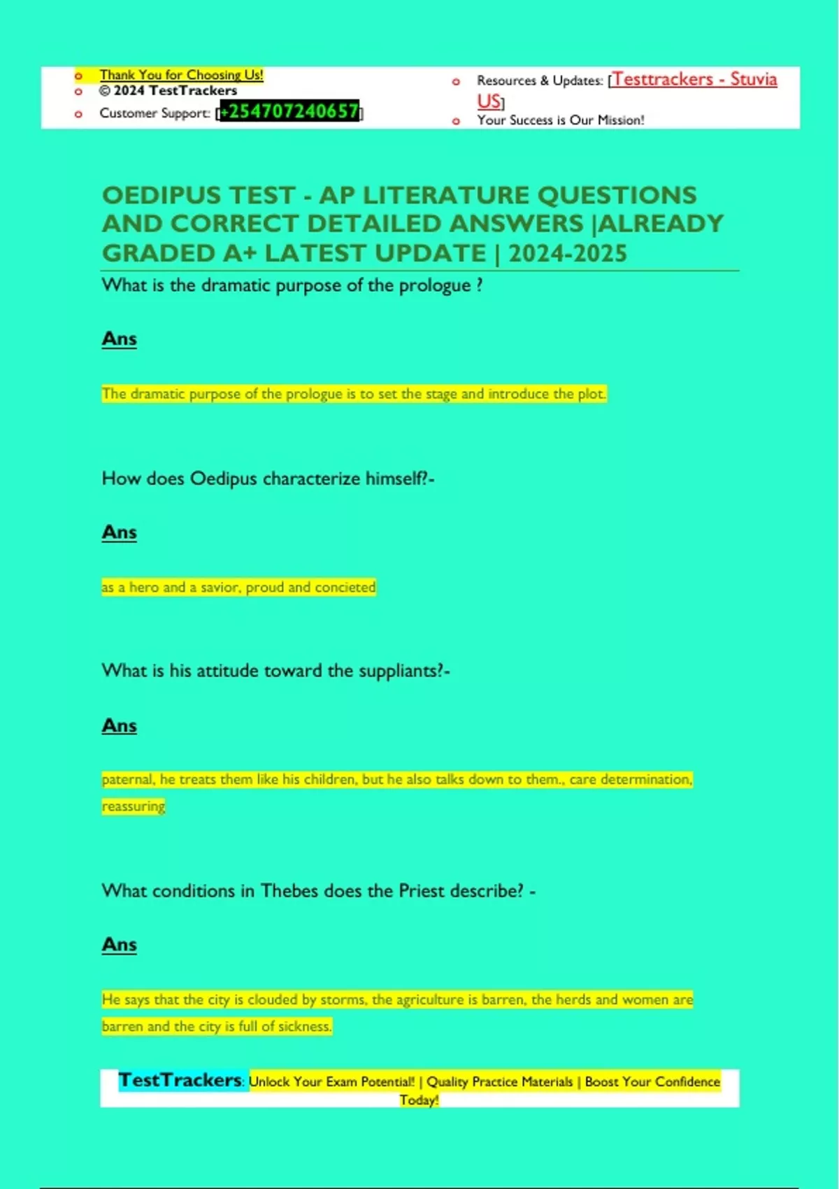 OEDIPUS TEST - AP LITERATURE QUESTIONS AND CORRECT DETAILED ANSWERS ...