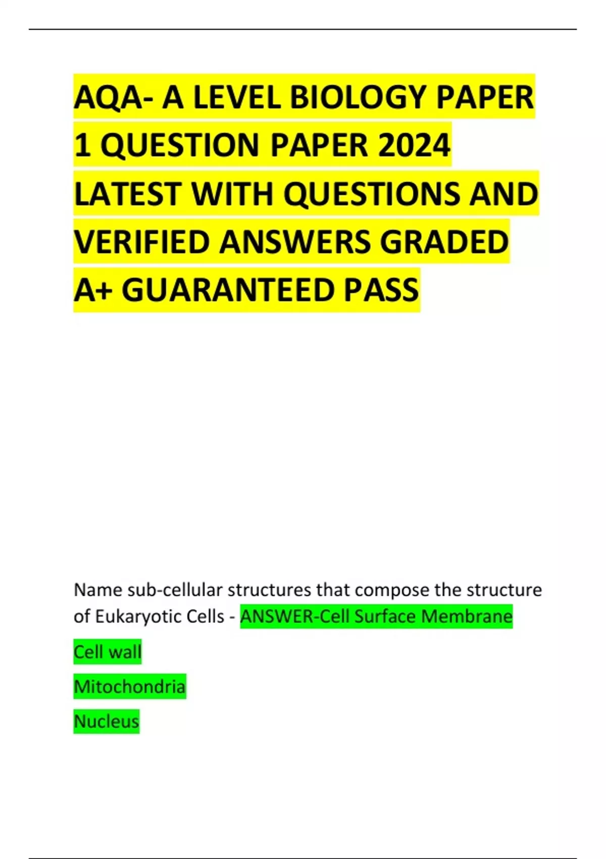 AQA A LEVEL BIOLOGY PAPER 1 QUESTION PAPER 2024 - AQA A LEVEL BIOLOGY ...