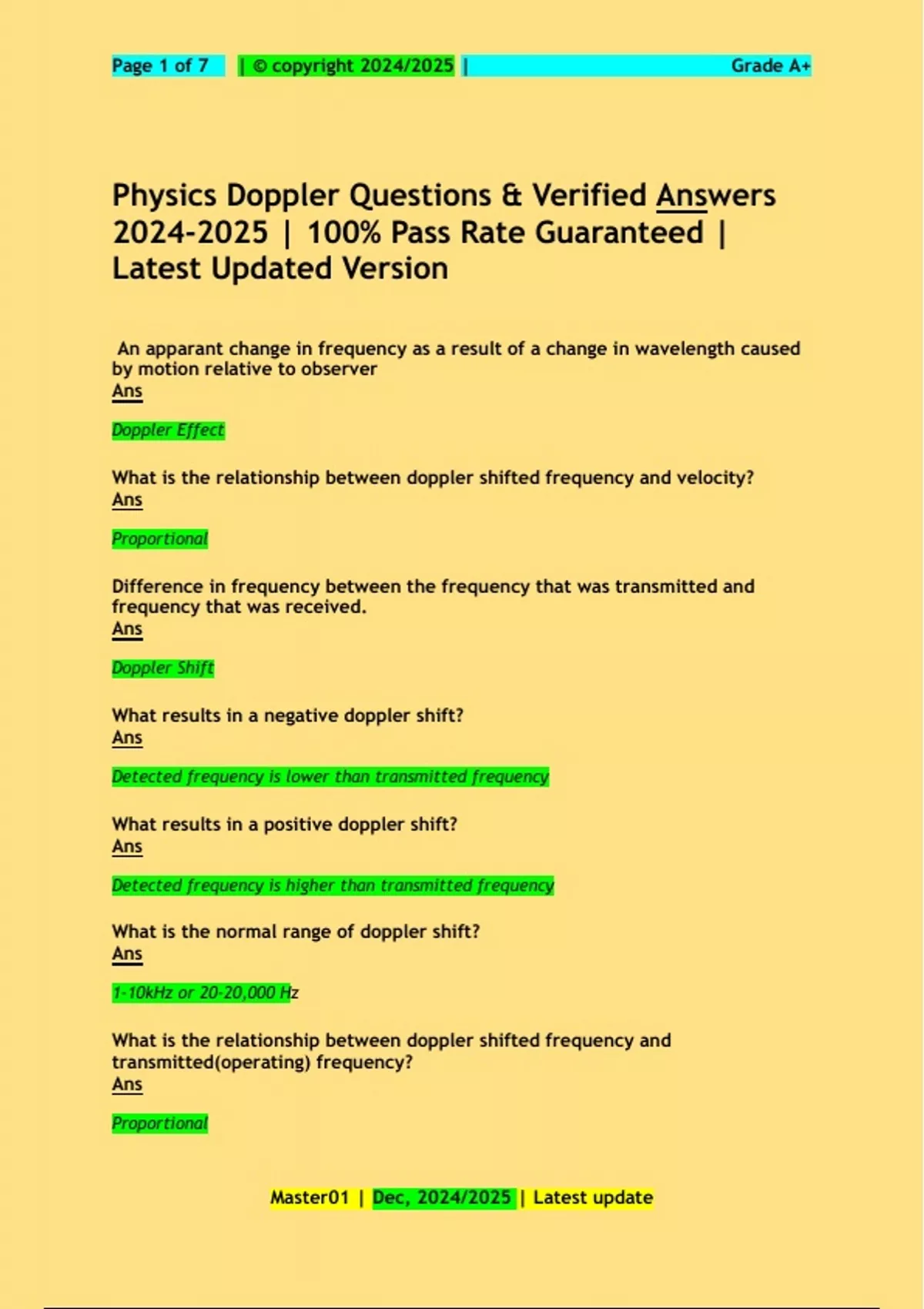Physics Doppler Questions & Verified Answers | 100% Pass Rate ...