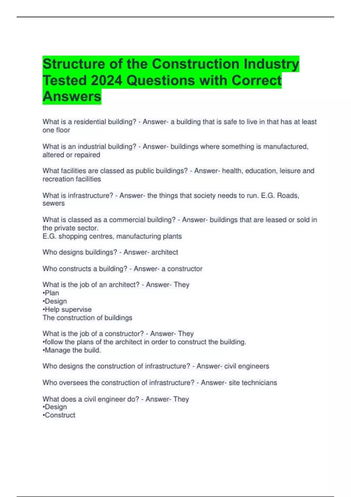 Structure of the Construction Industry Tested 2024 Questions with ...