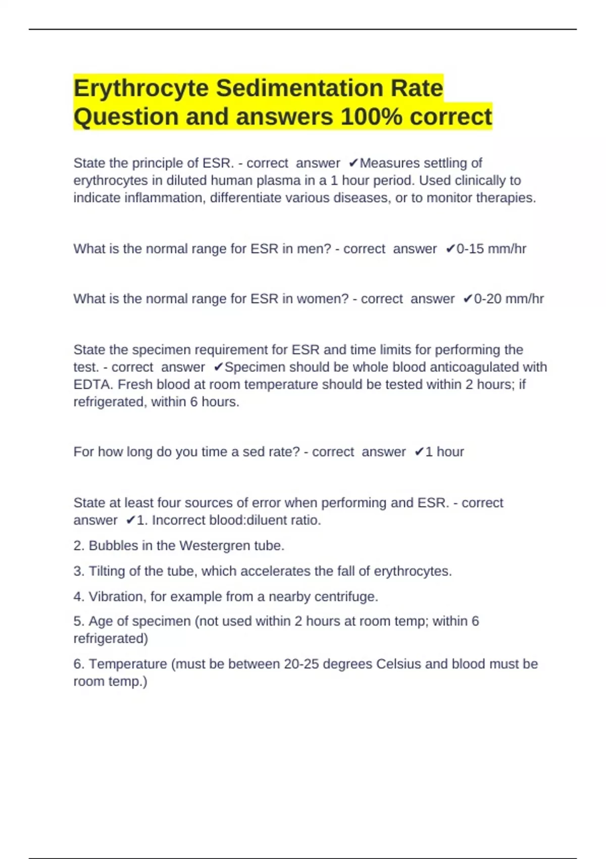 Erythrocyte Sedimentation Rate Question and answers 100% correct - ESR 303 - Stuvia US