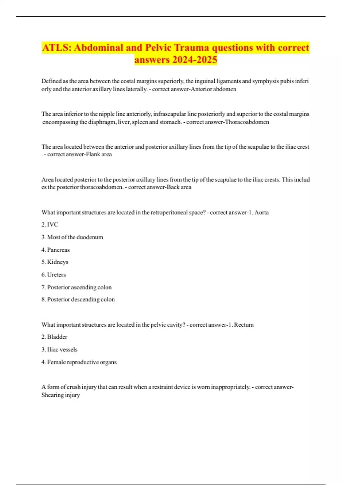 ATLS: Abdominal and Pelvic Trauma questions with correct answers 2024/ ...