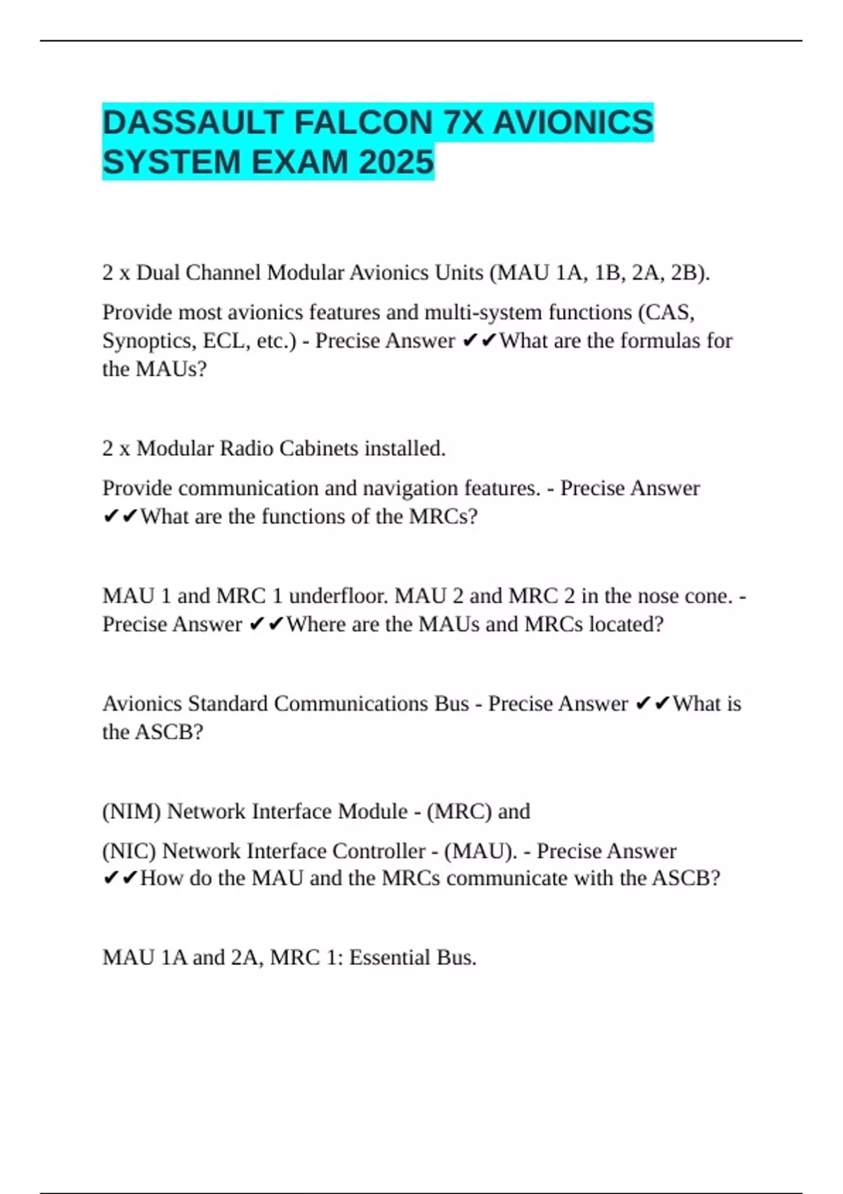 DASSAULT FALCON 7X AVIONICS SYSTEM EXAM 2025 - DASSAULT FALCON 7X ...
