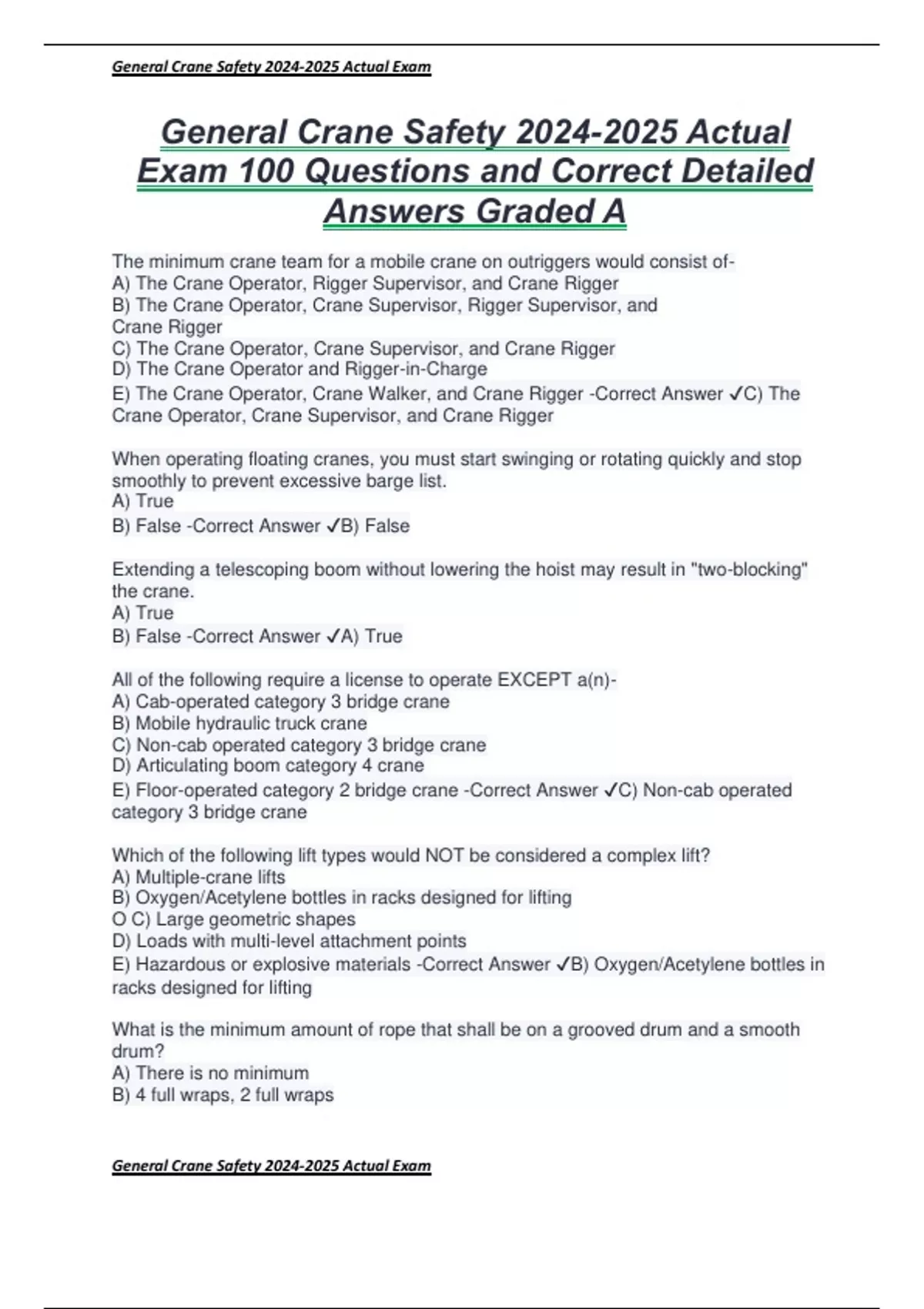 General Crane Safety Actual Exam 100 Questions and Correct Detailed ...