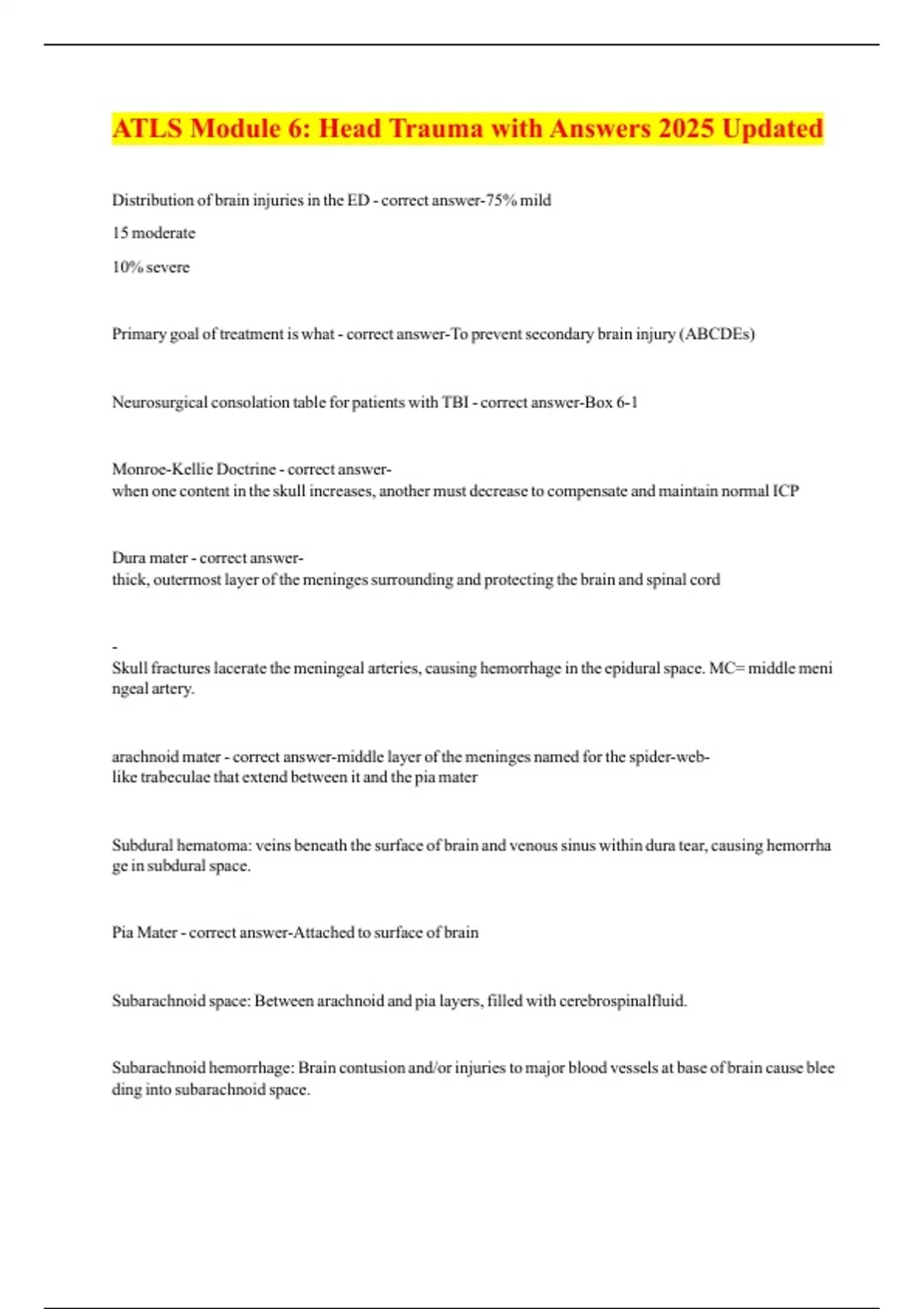 ATLS Module 6- Head Trauma with Answers 2025 Updated - ATLS - Stuvia US