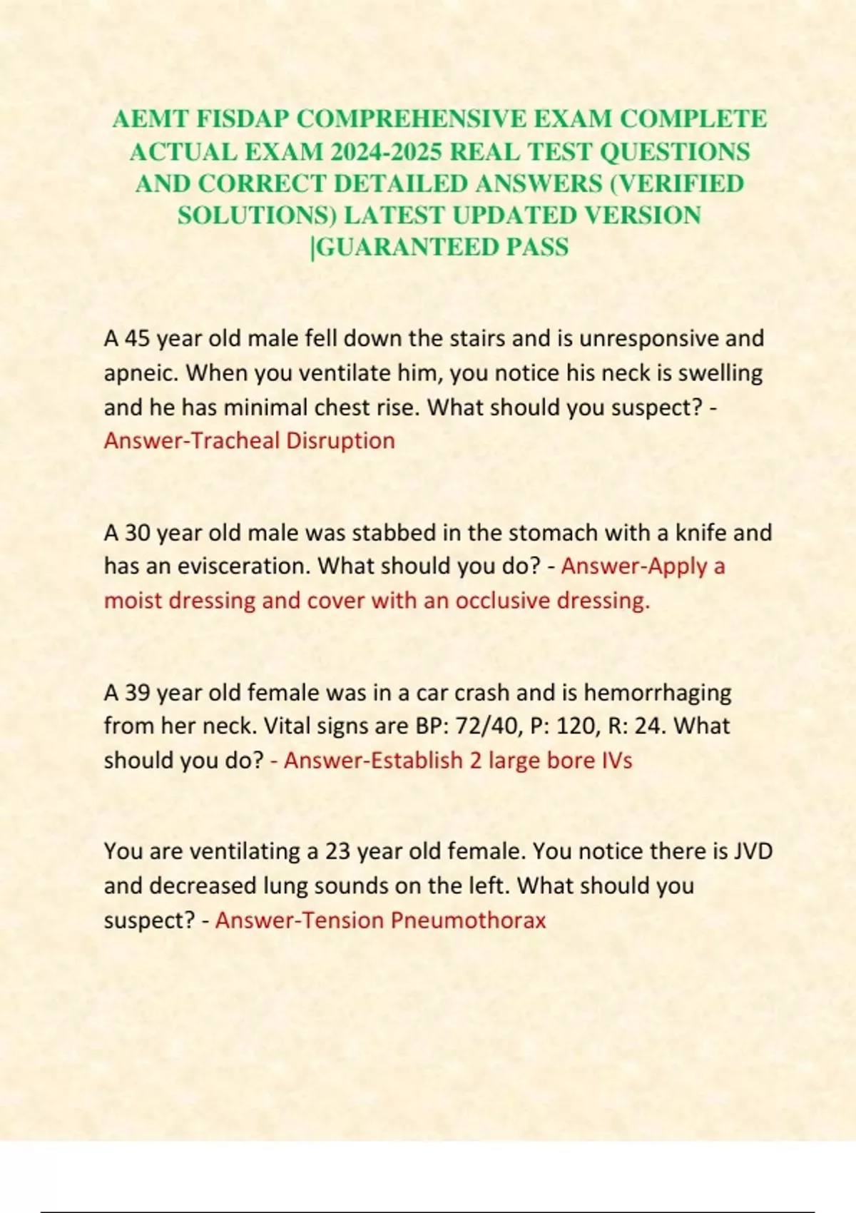 AEMT FISDAP COMPREHENSIVE EXAM COMPLETE ACTUAL EXAM REAL TEST QUESTIONS ...