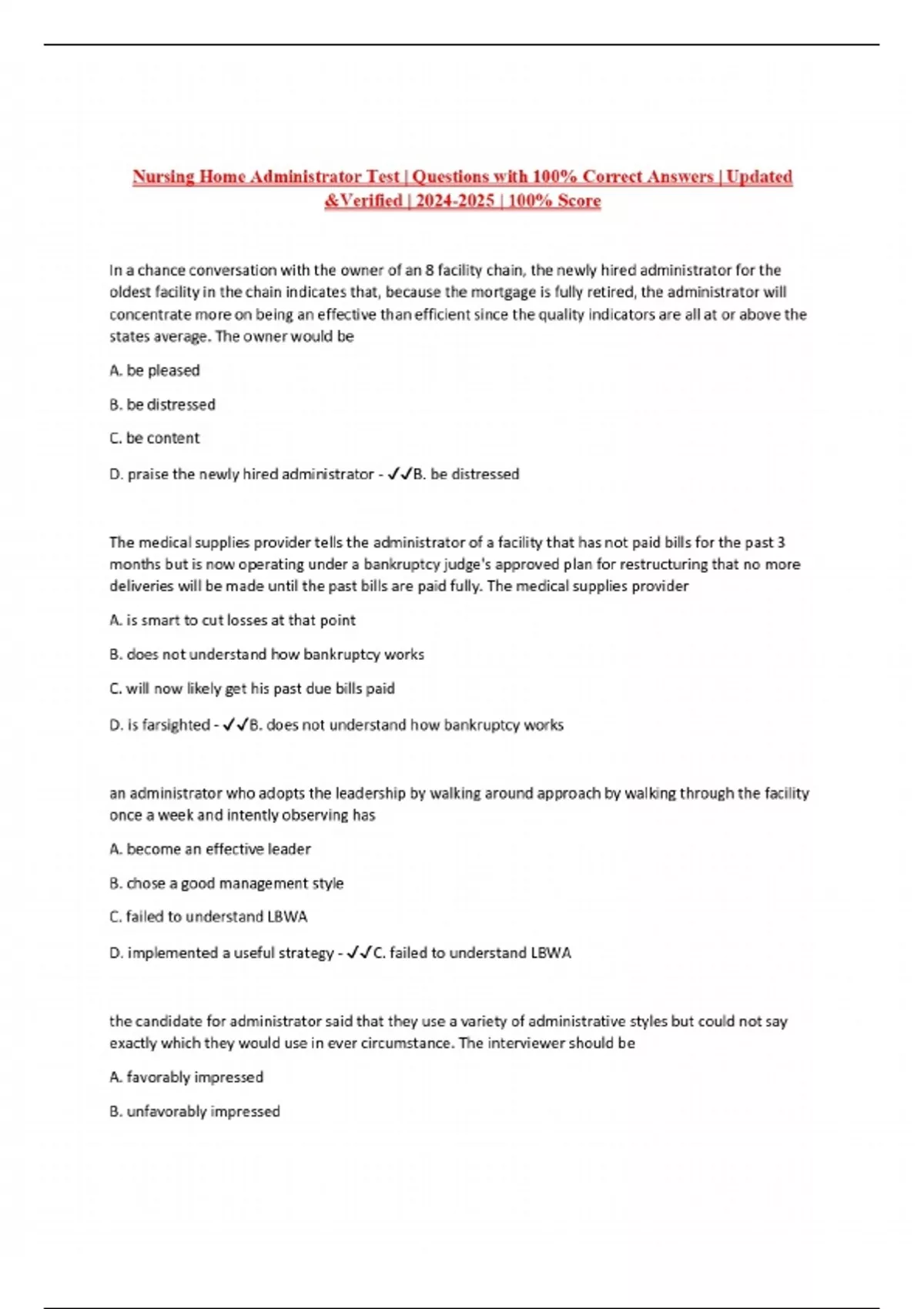 Nursing Home Administrator Test | Questions with 100% Correct Answers ...