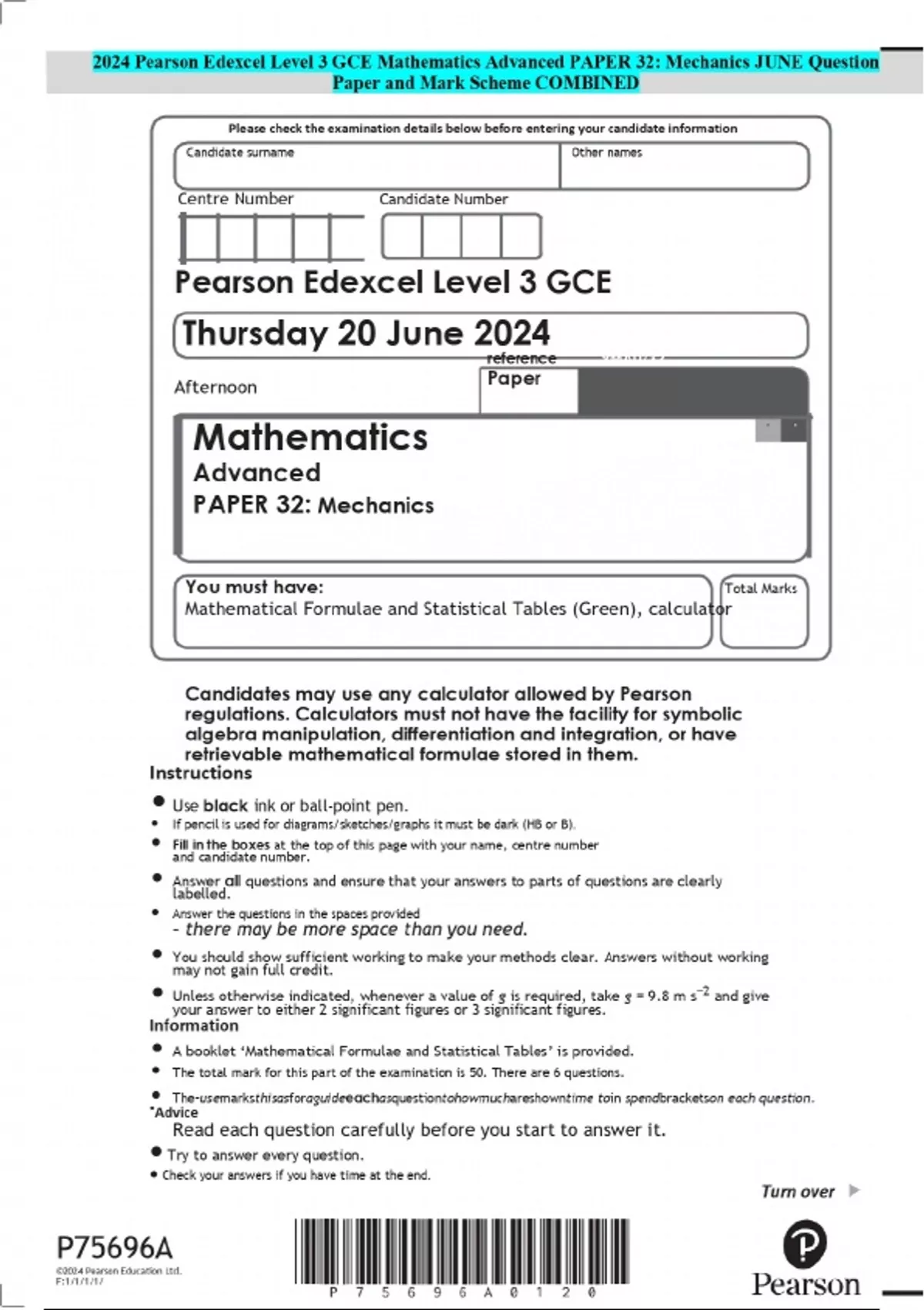 2024 Pearson Edexcel Level 3 GCE Mathematics Advanced PAPER 32 ...