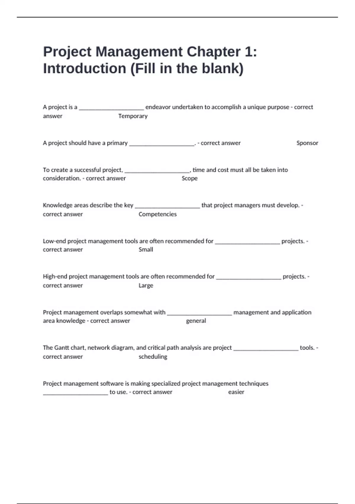 Project Management Chapter 1: Introduction (Fill in the blank) Practice Exam Questions With ...