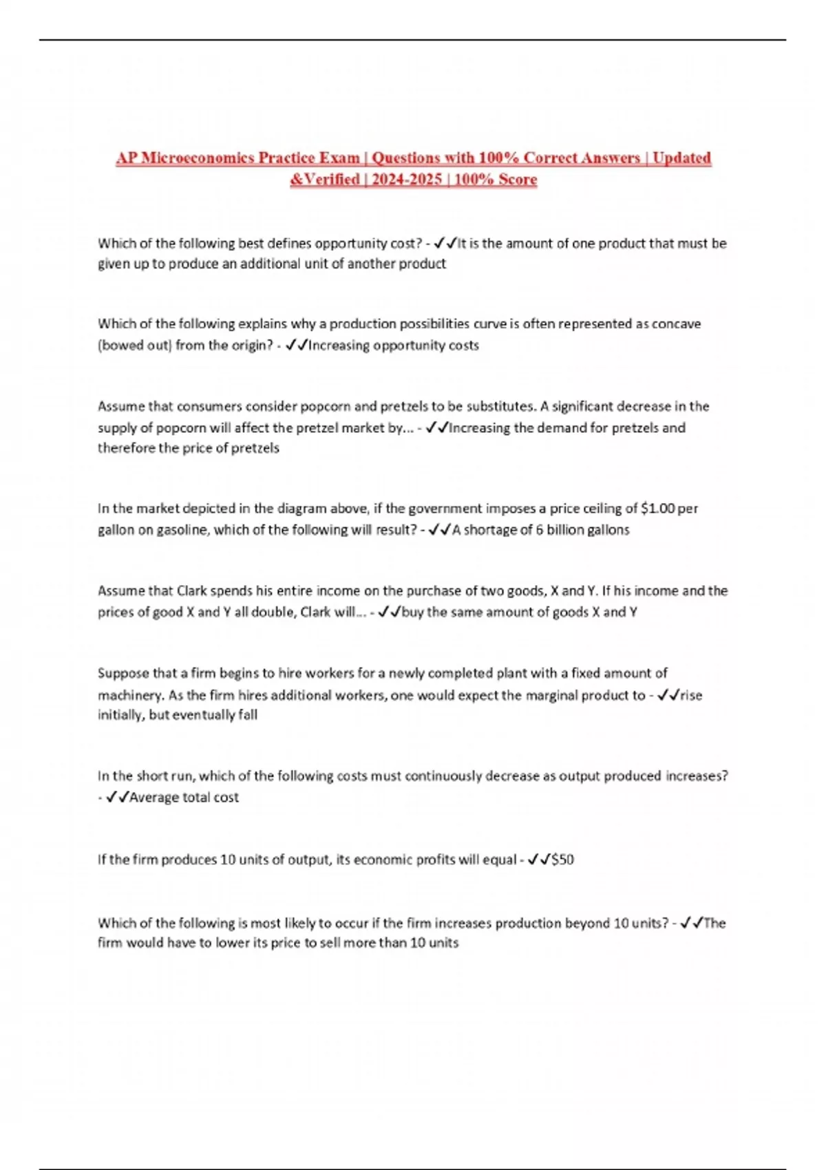 AP Microeconomics Practice Exam | Questions with 100% Correct Answers ...