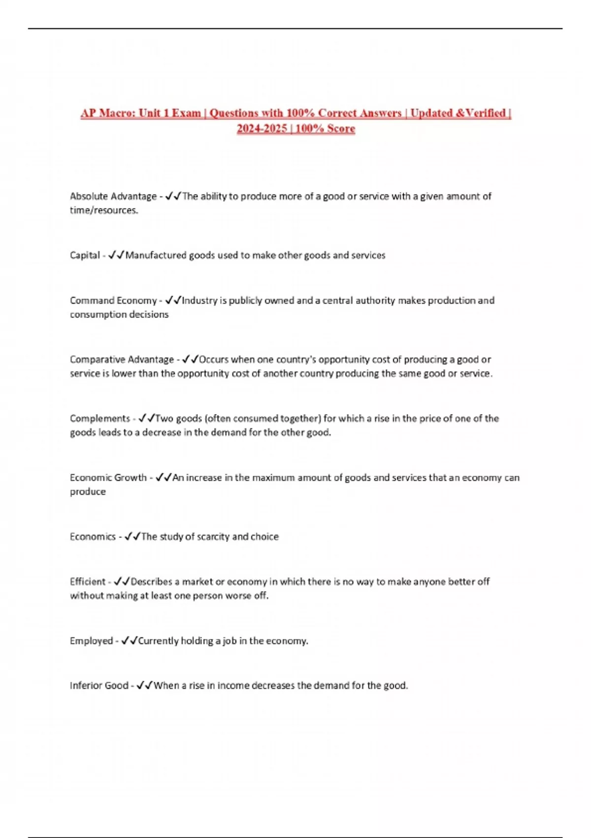 AP Macro: Unit 1 Exam | Questions with 100% Correct Answers | Updated ...