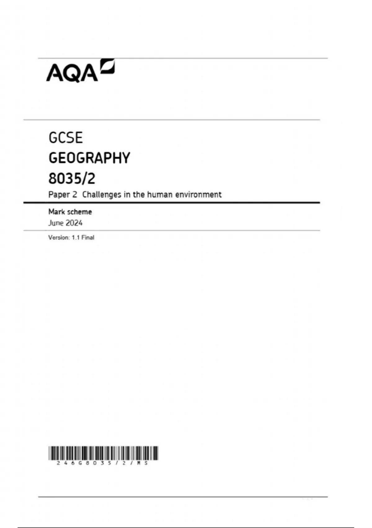 AQA June 2024 GCSE Geography Paper 2 Mark Scheme - Geography - Stuvia UK