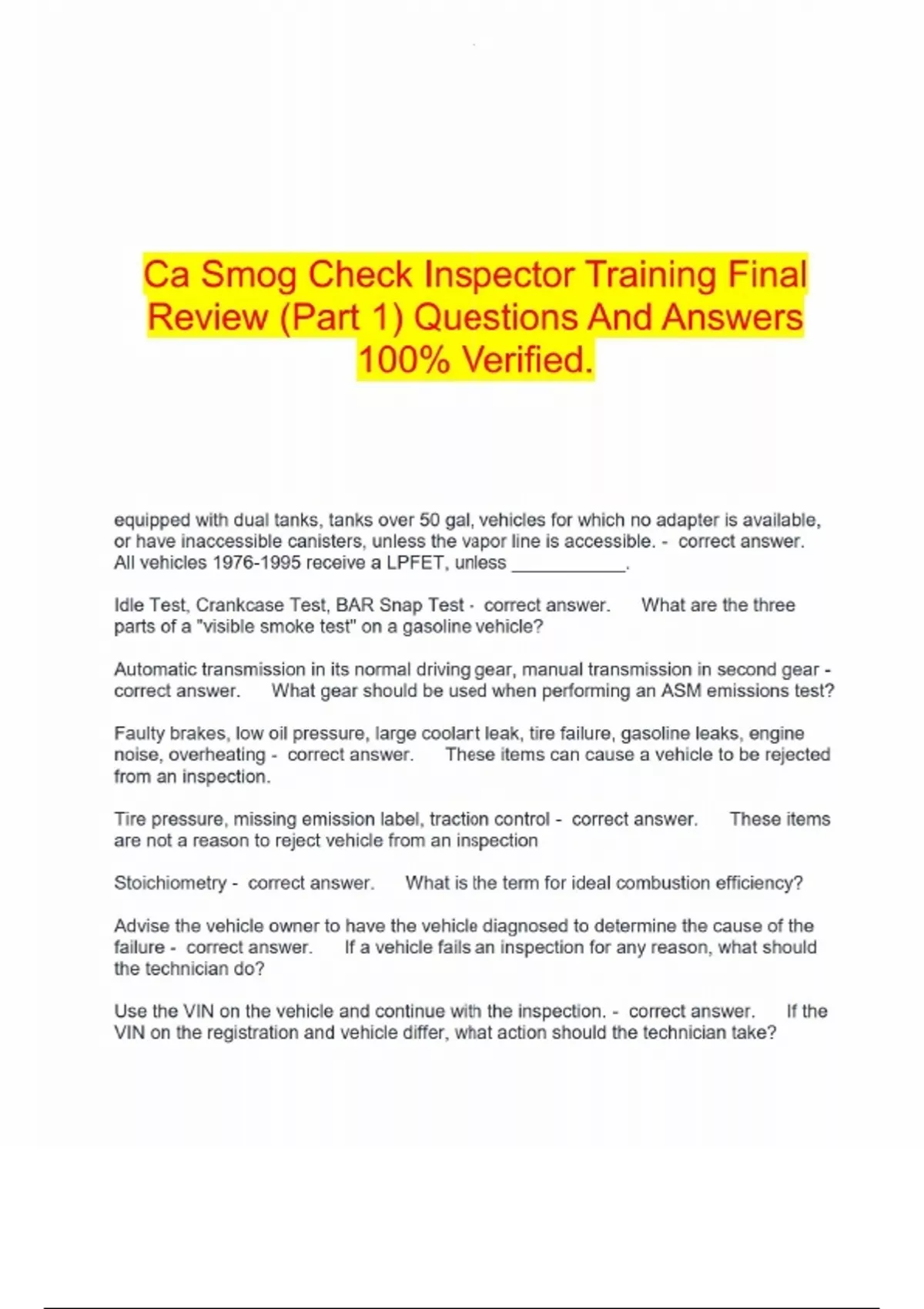 Ca Smog Check Inspector Training Final Review (Part 1) Questions And ...