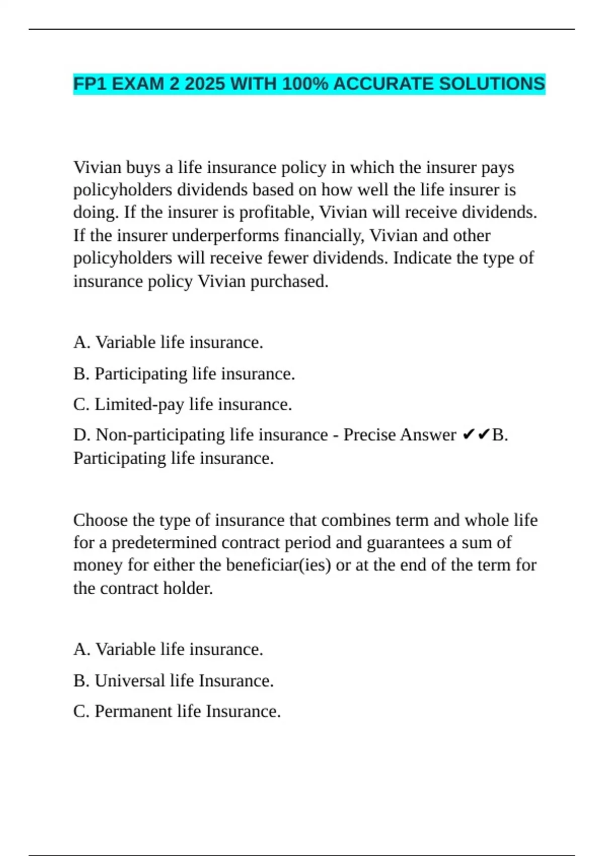 FP1 EXAM 2 2025 WITH 100% ACCURATE SOLUTIONS - FP1 - Stuvia US