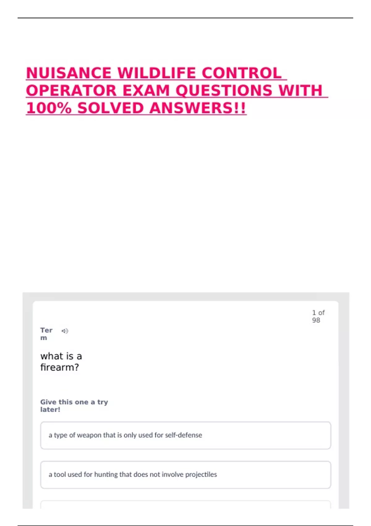 NUISANCE WILDLIFE CONTROL OPERATOR EXAM QUESTIONS WITH 100% SOLVED ...