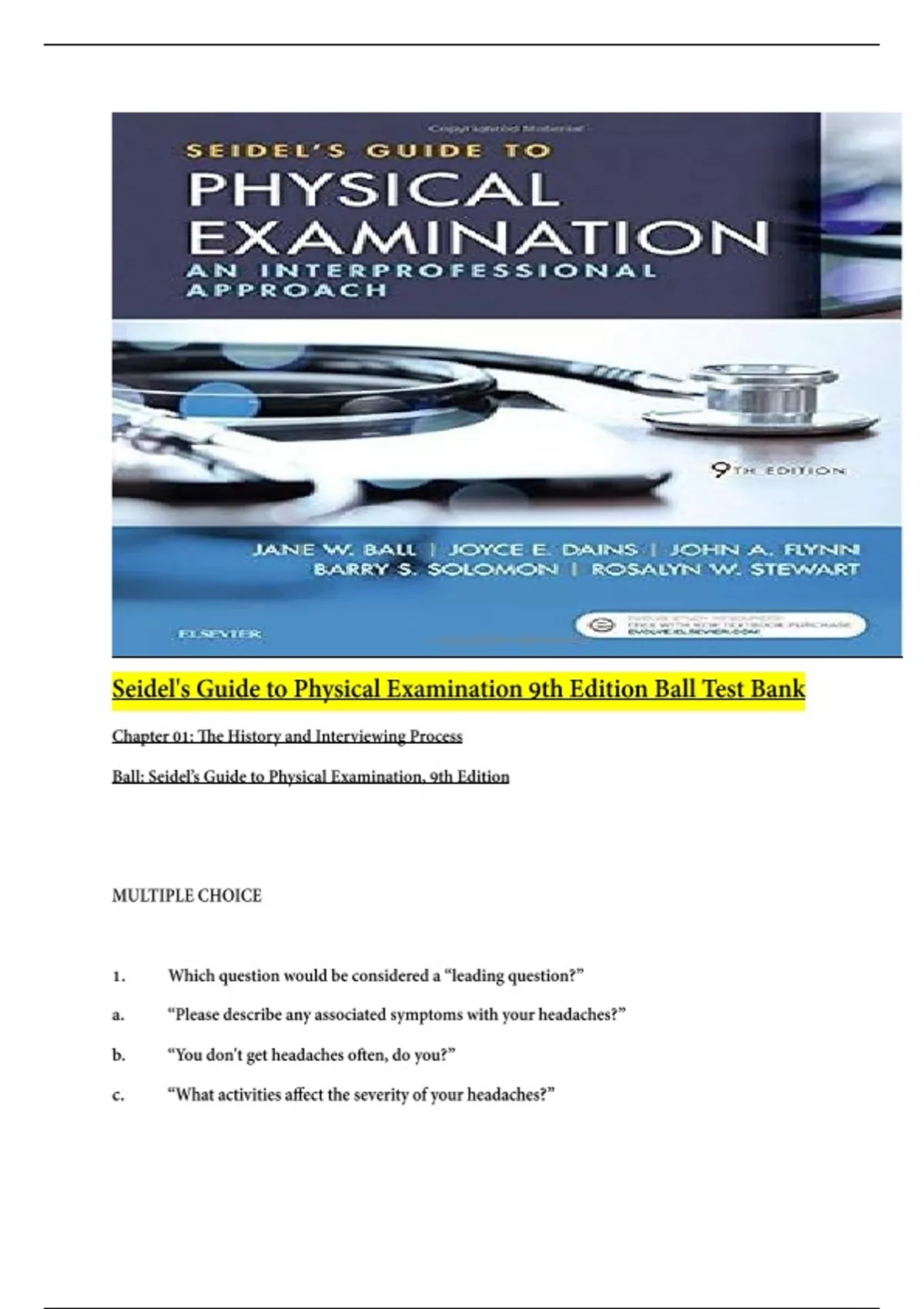 TEST BANK FOR Seidel’s Guide to Physical Examination, 9th Edition 2024/ ...