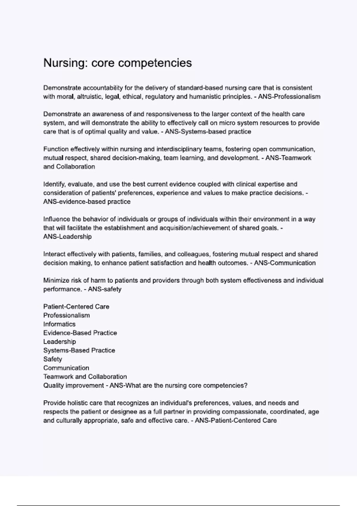 Nursing core competencies Questions and Correct Answers (100% COMPLETE ...