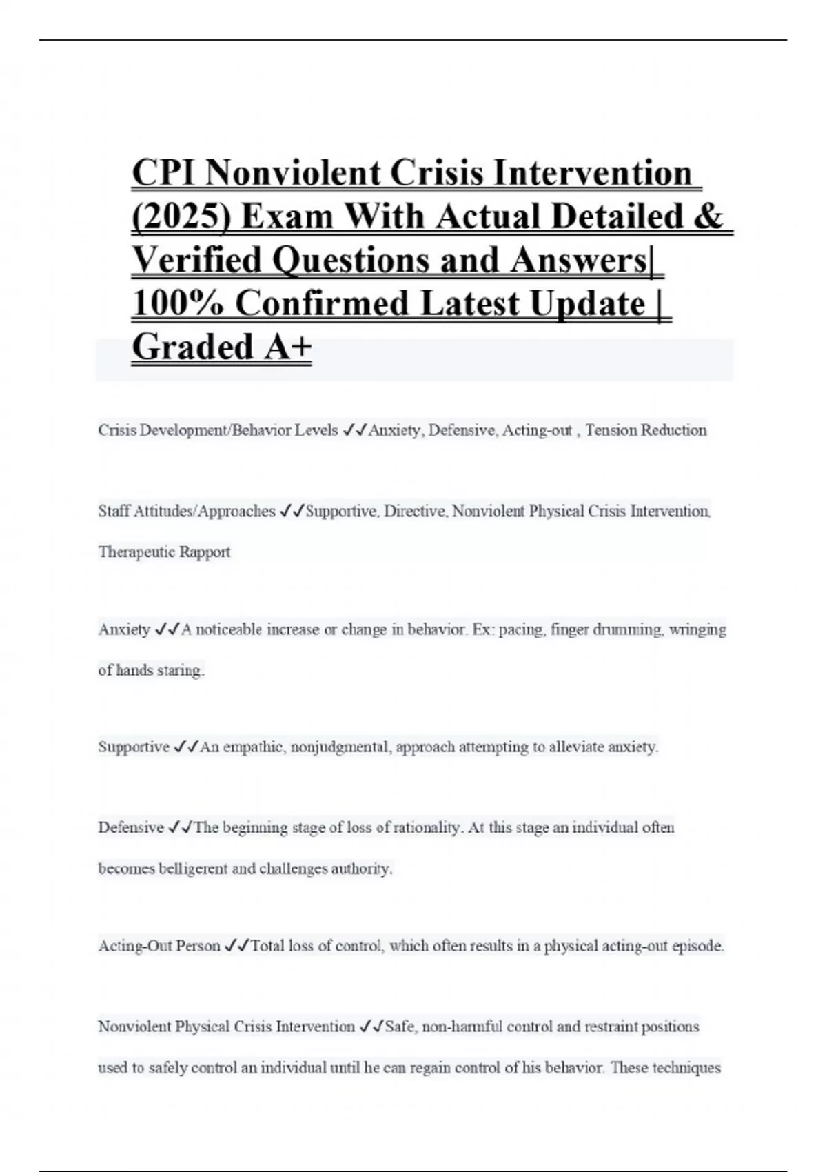 CPI Nonviolent Crisis Intervention (2025) Exam With Actual Detailed ...
