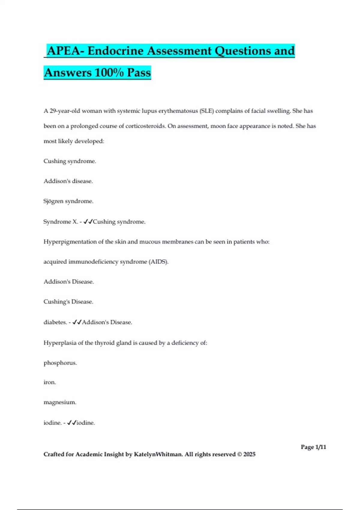 APEA- Endocrine Assessment Questions and Answers 100% Pass - Apea ...