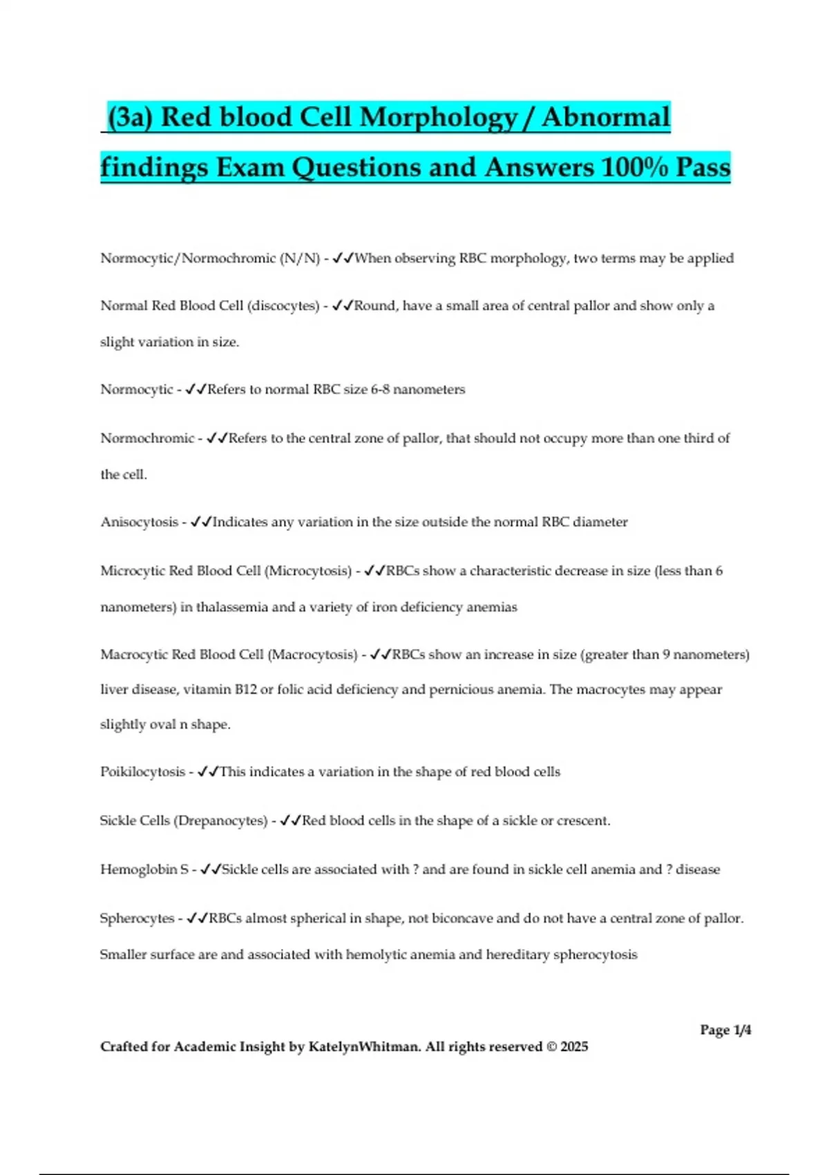 (3a) Red blood Cell Morphology / Abnormal findings Exam Questions and ...