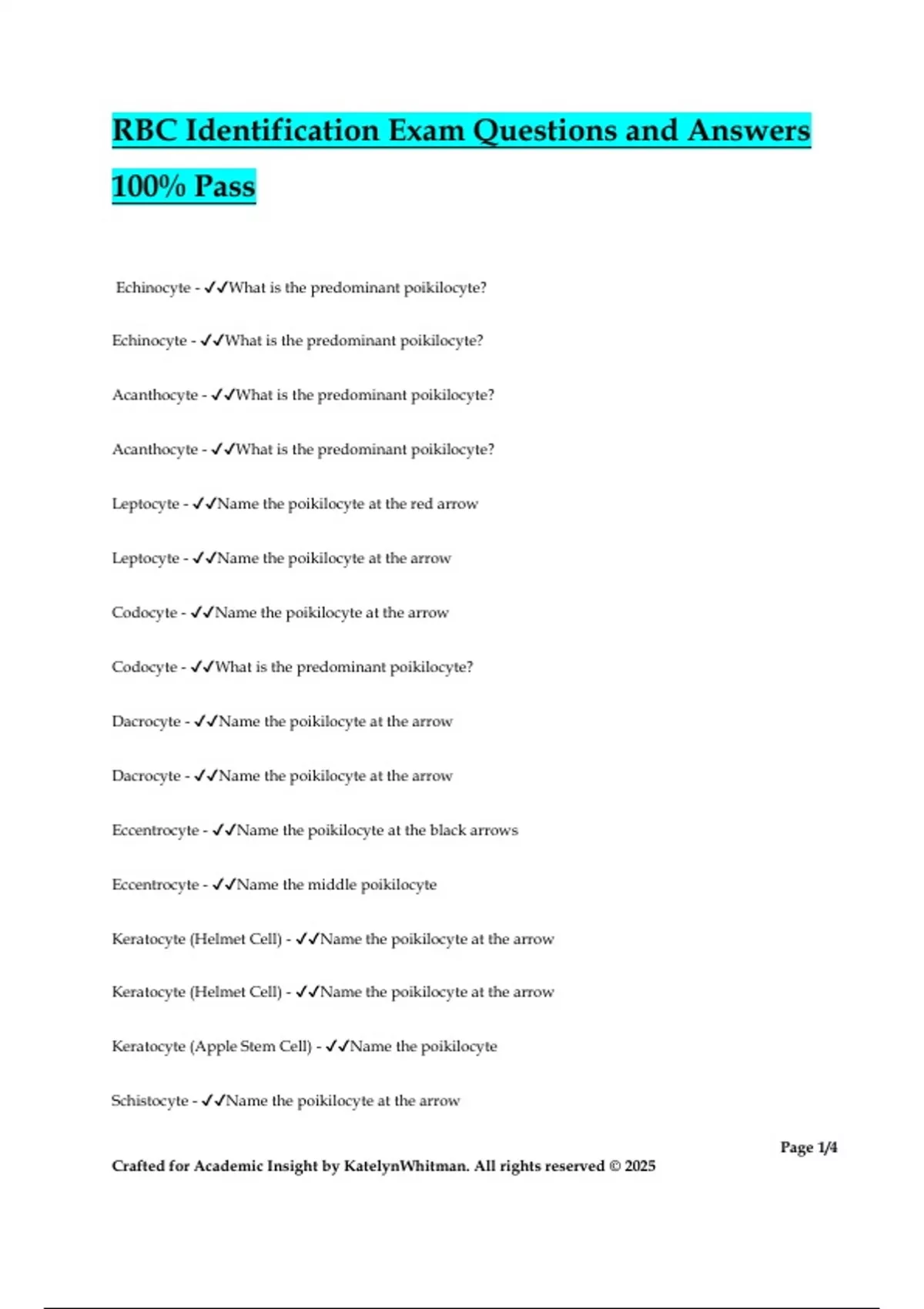 RBC Identification Exam Questions and Answers 100% Pass - RBC - Stuvia US