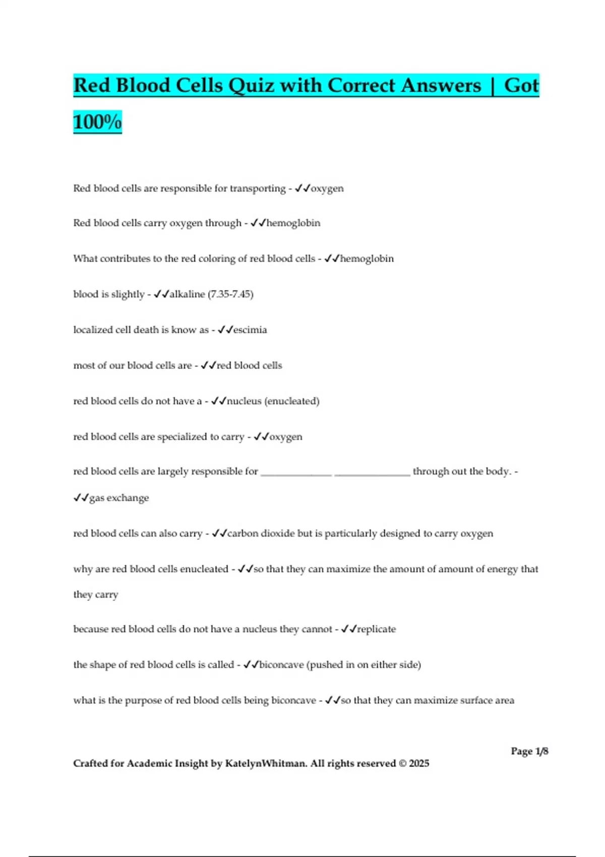 Red Blood Cells Quiz with Correct Answers | Got 100% - RBC - Stuvia US