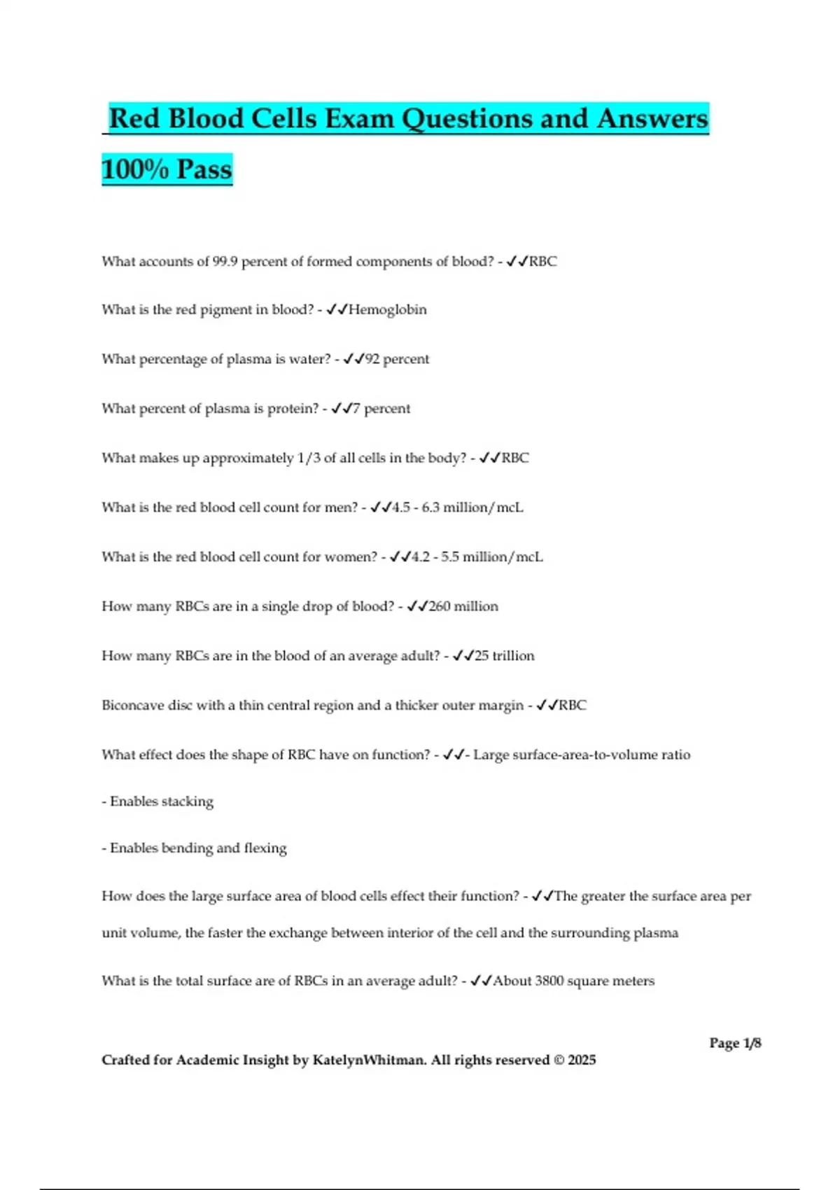 Red Blood Cells Exam Questions and Answers 100% Pass - RBC - Stuvia US