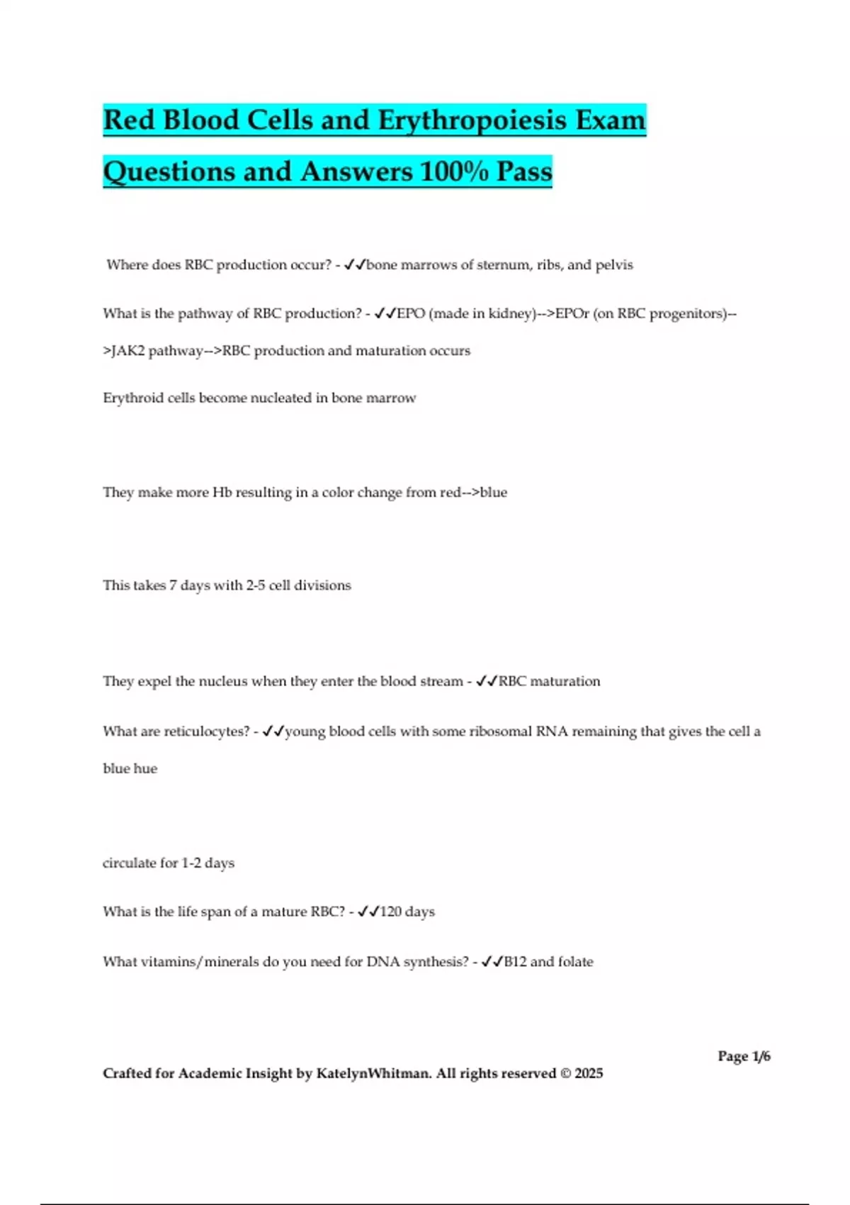 Red Blood Cells and Erythropoiesis Exam Questions and Answers 100% Pass - RBC - Stuvia US