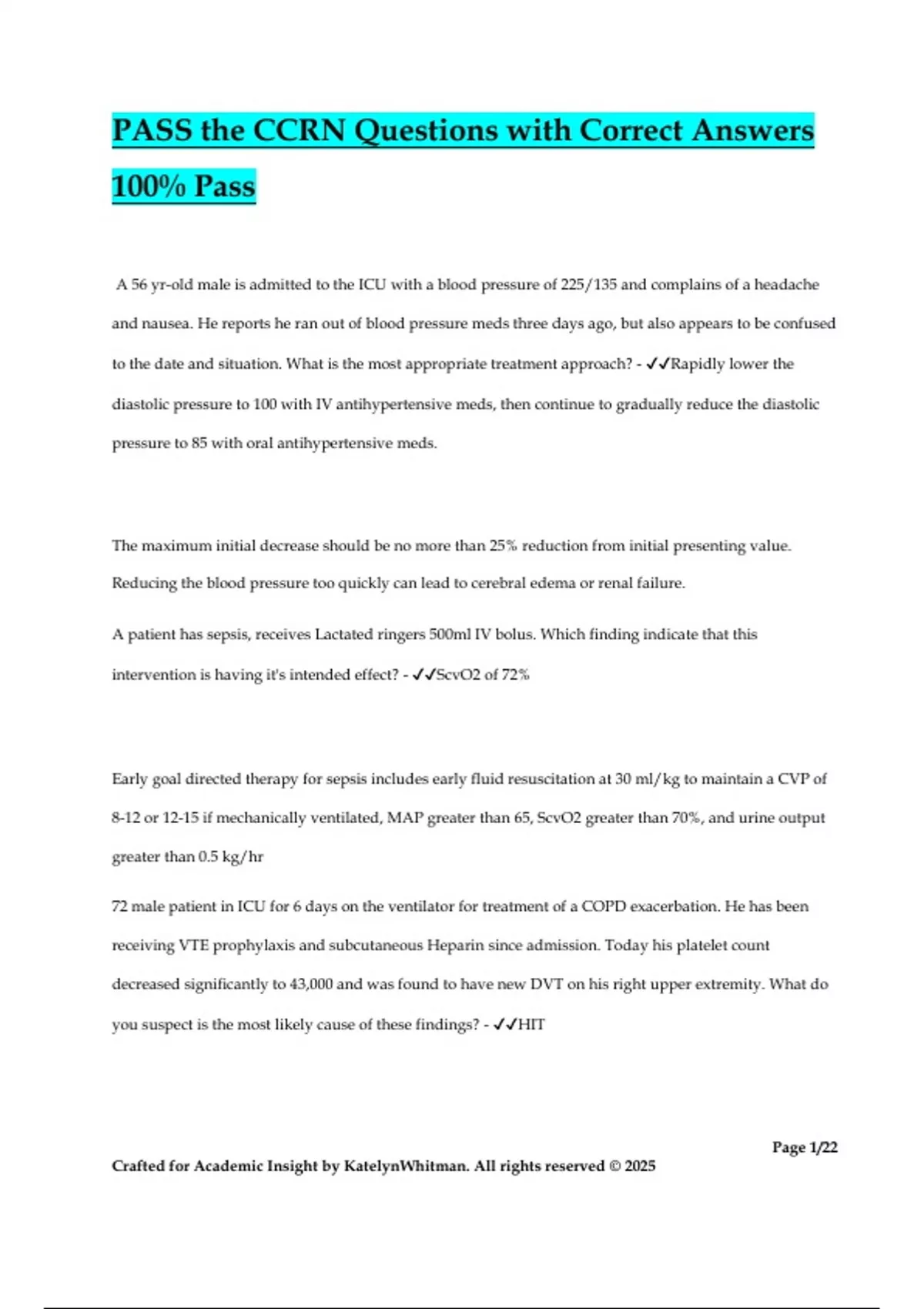 PASS the CCRN Questions with Correct Answers 100% Pass - CCRN - Stuvia US