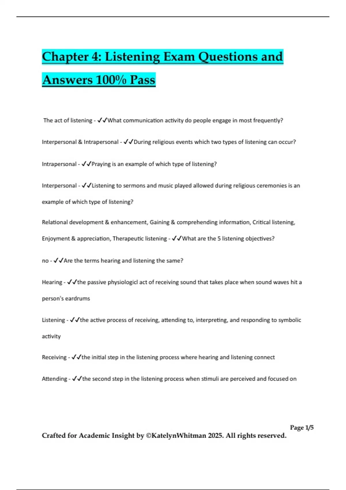 Chapter 4: Listening Exam Questions and Answers 100% Pass - Prep Tests ...