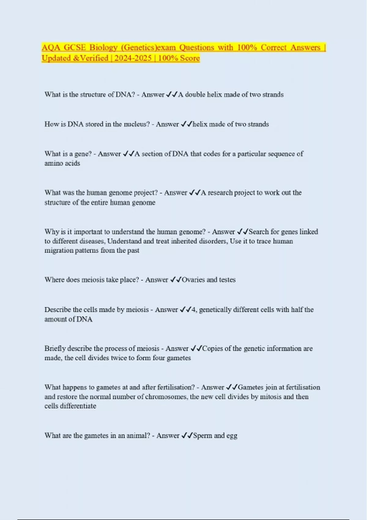 AQA GCSE Biology (Genetics)exam Questions with 100% Correct Answers ...
